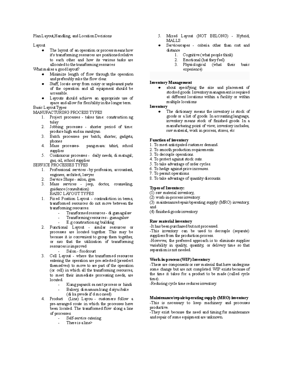 OM-TQM Reviewer - Hi hello - Plan Layout,Handling, and Location ...