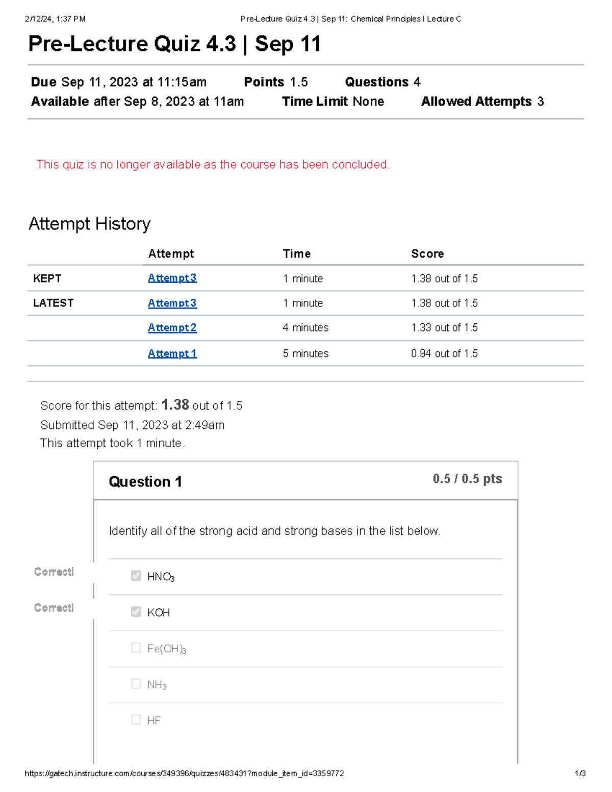 Pre-Lecture Quiz 4.3 Sep 11 Chemical Principles I Lecture C - 2/12/24, 1:37 PM Pre-Lecture Quiz ...