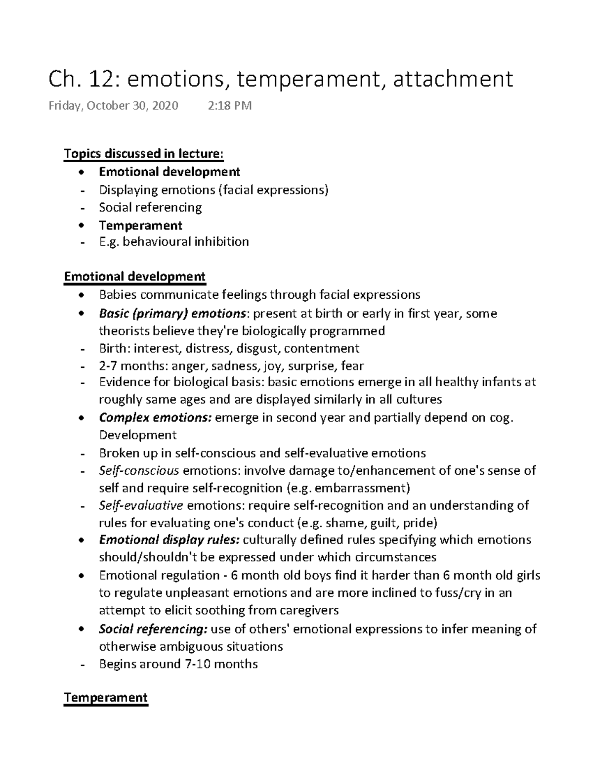 Ch. 12 emotions, temperament, attachment - Topics discussed in lecture ...