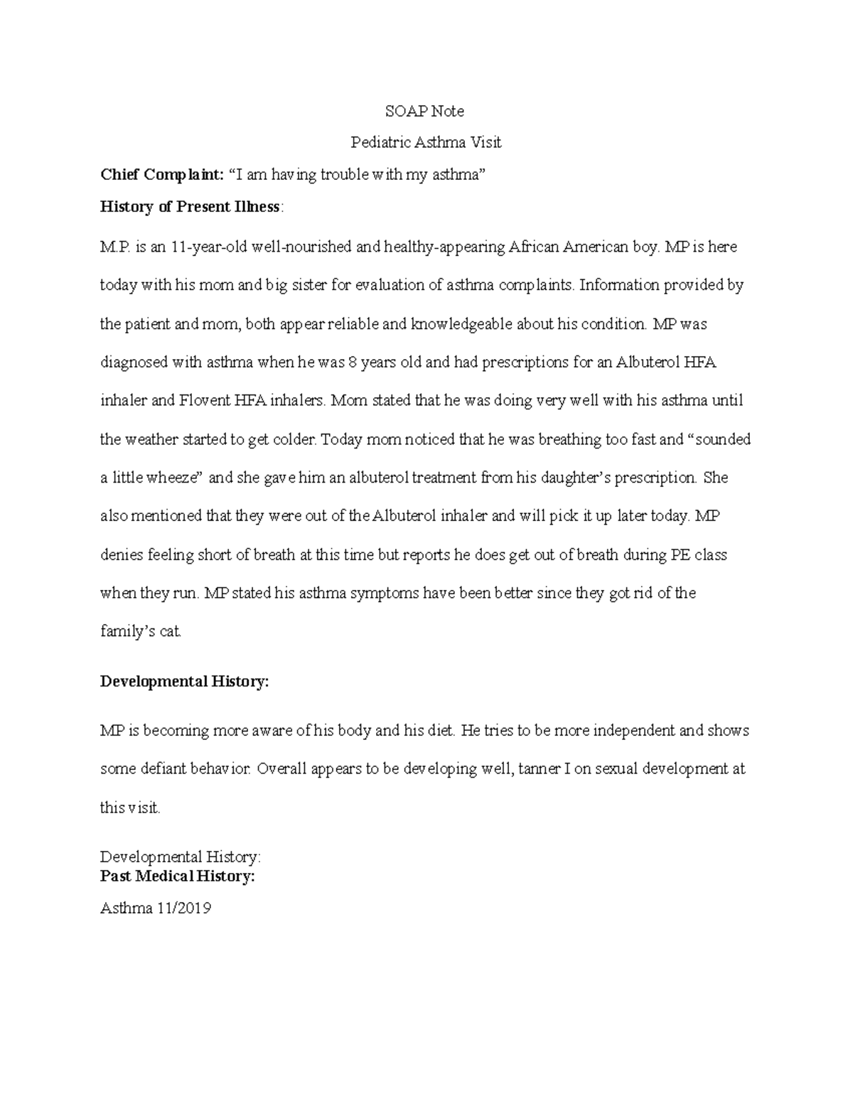 SOAP Asthma - Soap note - SOAP Note Pediatric Asthma Visit Chief ...
