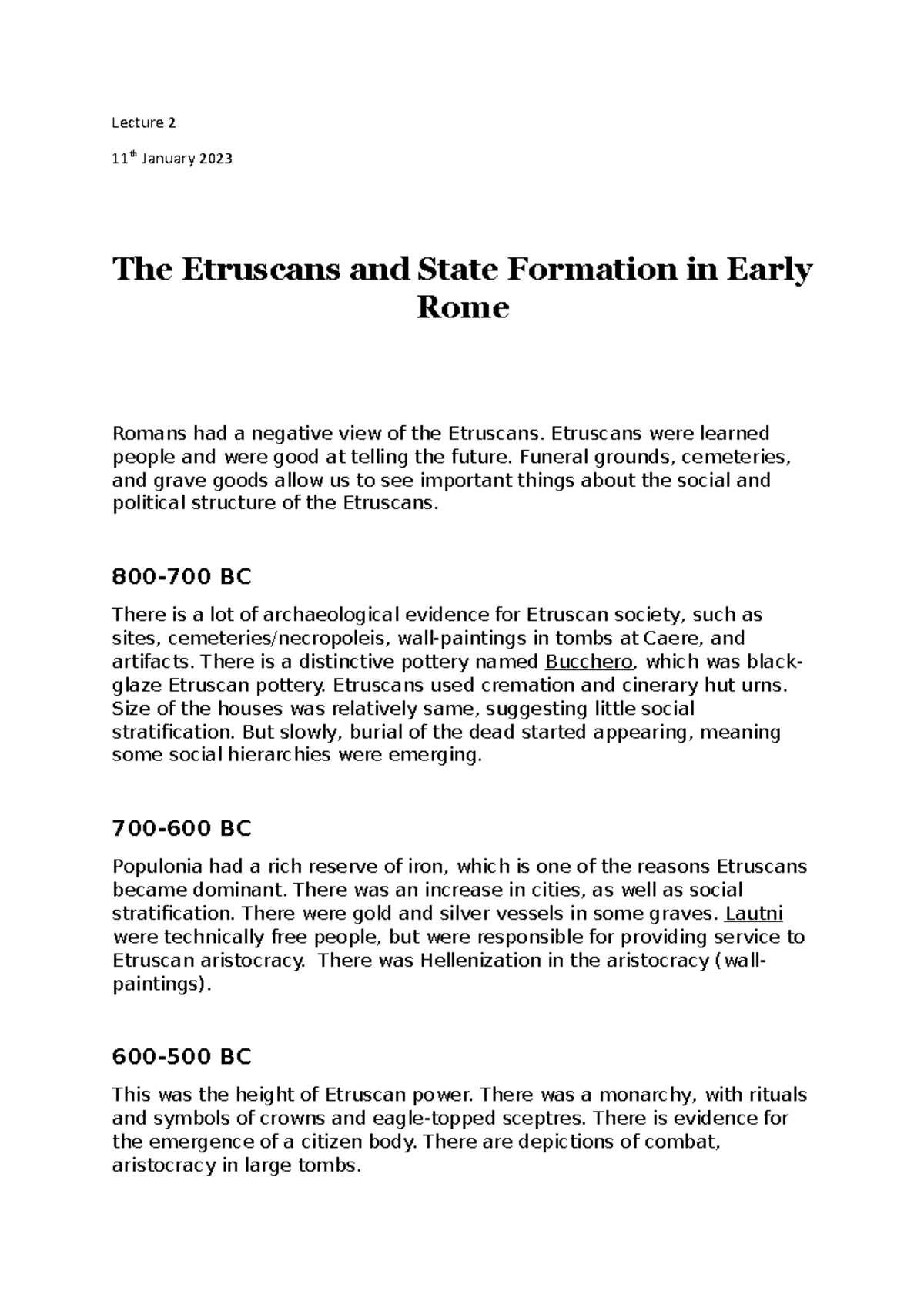 Lecture 2 (Etruscans) - Lecture 2 11 th January 2023 The Etruscans and ...