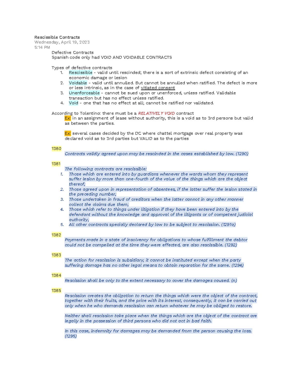 Rescissible Contracts (1380-1389) - Rescissible Contracts Wednesday ...