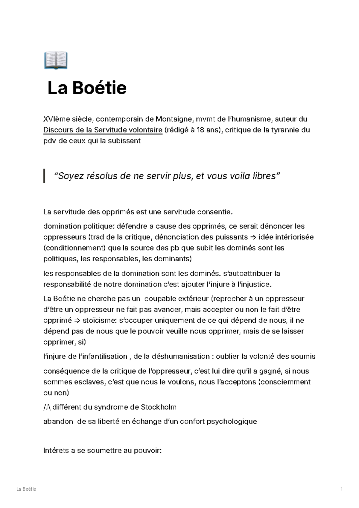 Fiche philo - La Boétie - La Boétie 1 📖 La Boétie XVIème siècle ...