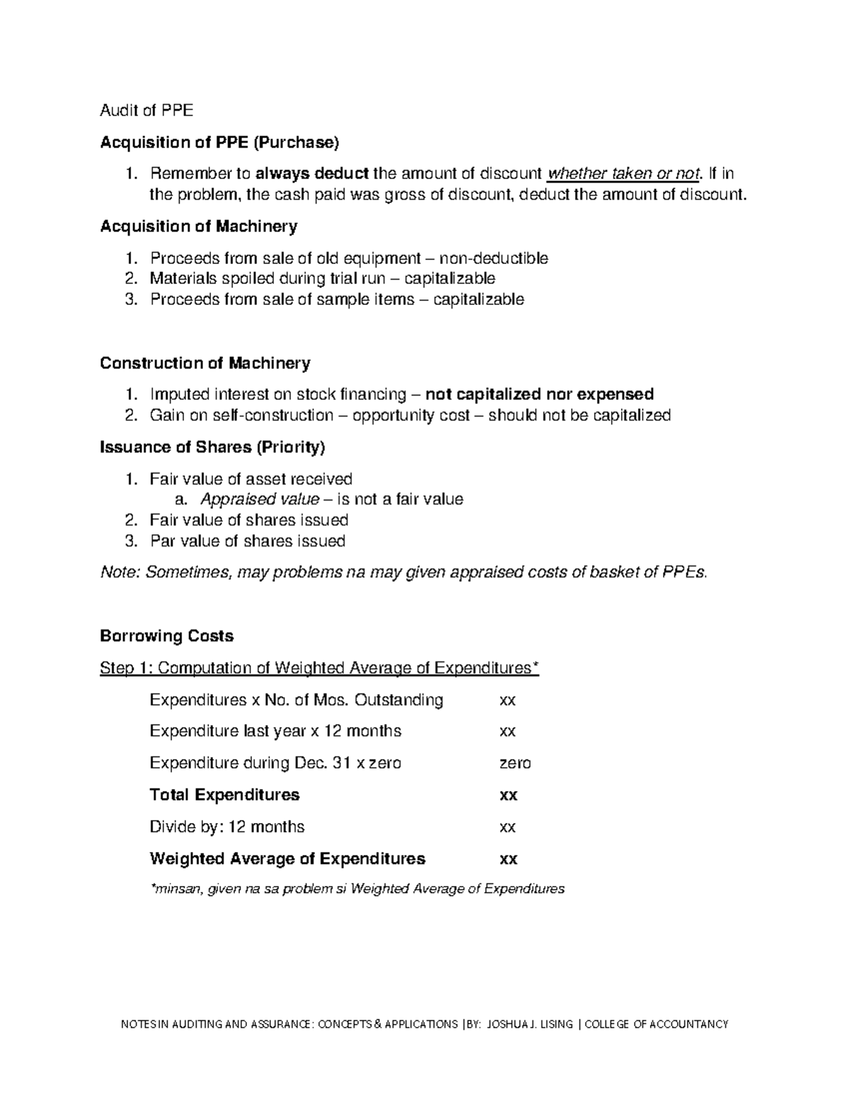Audit of PPE - Notes (Part 1) - NOTES IN AUDITING AND ASSURANCE ...