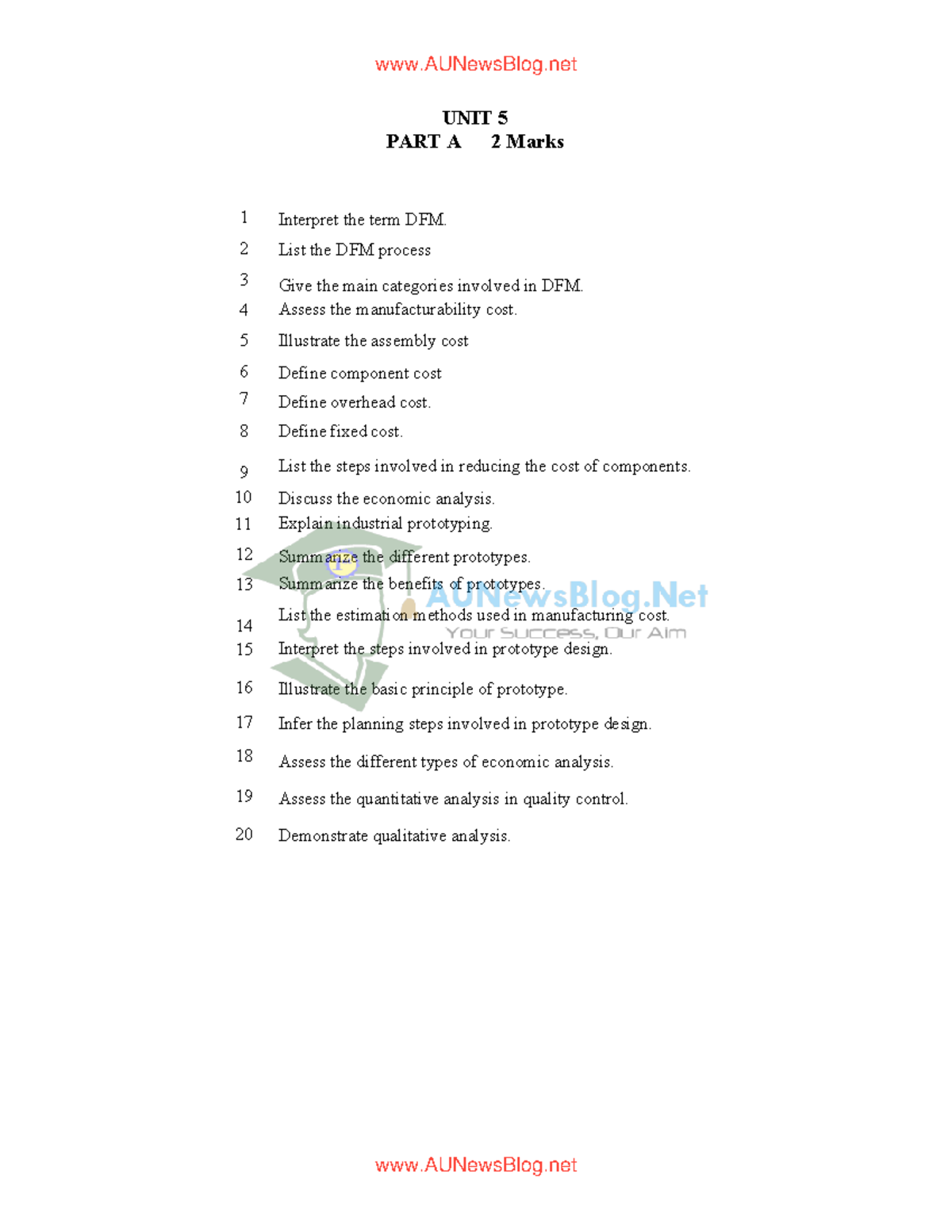 OMF551-Unit-5 Product Design and Development - UNIT 5 PART A 2 Marks 1 Interpret the term DFM. 2 ...