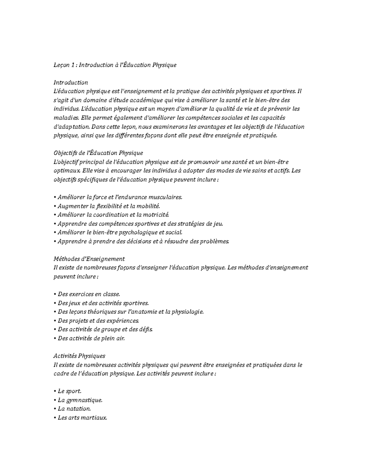 Physical Education Study Notes - Leçon 1 : Introduction à l'Éducation ...
