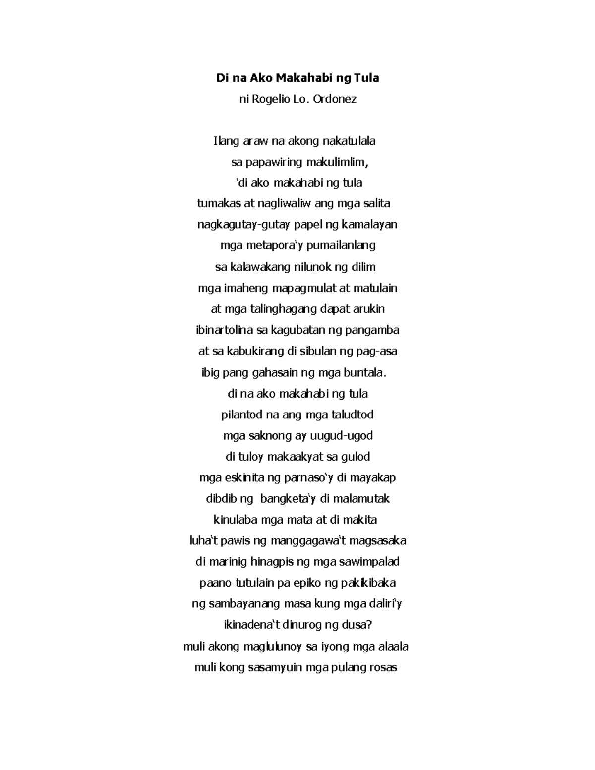 Panitikan Hinggil SA MGA Manggagawa - Di na Ako Makahabi ng Tula ni ...