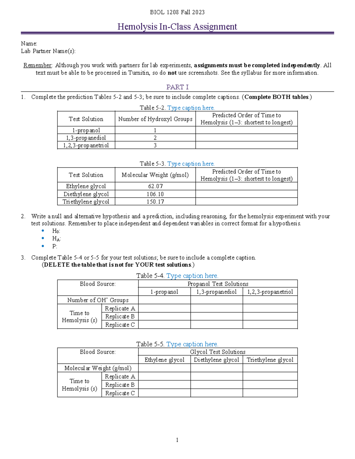 Hemolysis ICA - BIOL 1208 Fall 2023 Hemolysis In-Class Assignment Name ...
