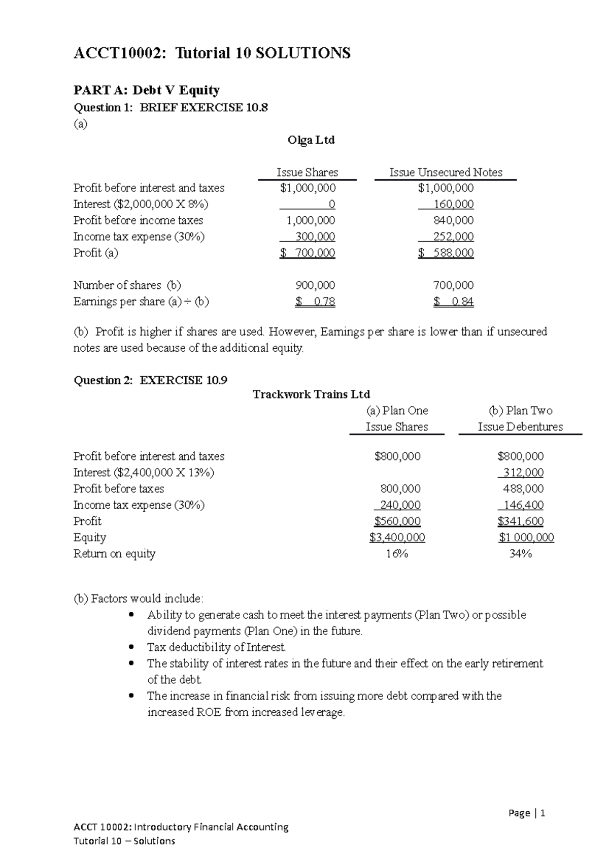 ACCT10002 Tutorial 10 Solutions - ACCT10002: Tutorial 10 SOLUTIONS PART ...