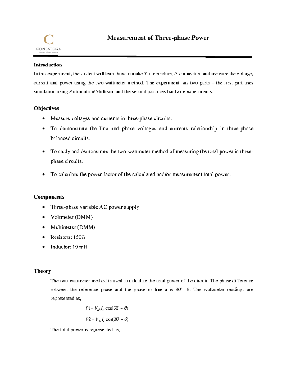 Lab Three-phase power measurement - Measurement of Three-phase Power ...