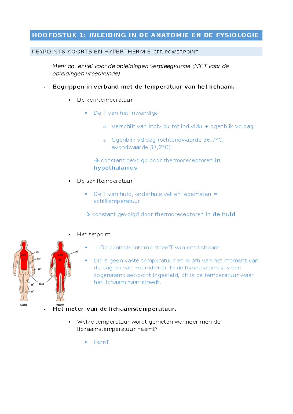 2324 AF01 Keypoints Koorts en hyperthermie - HOOFDSTUK 1: INLEIDING IN ...
