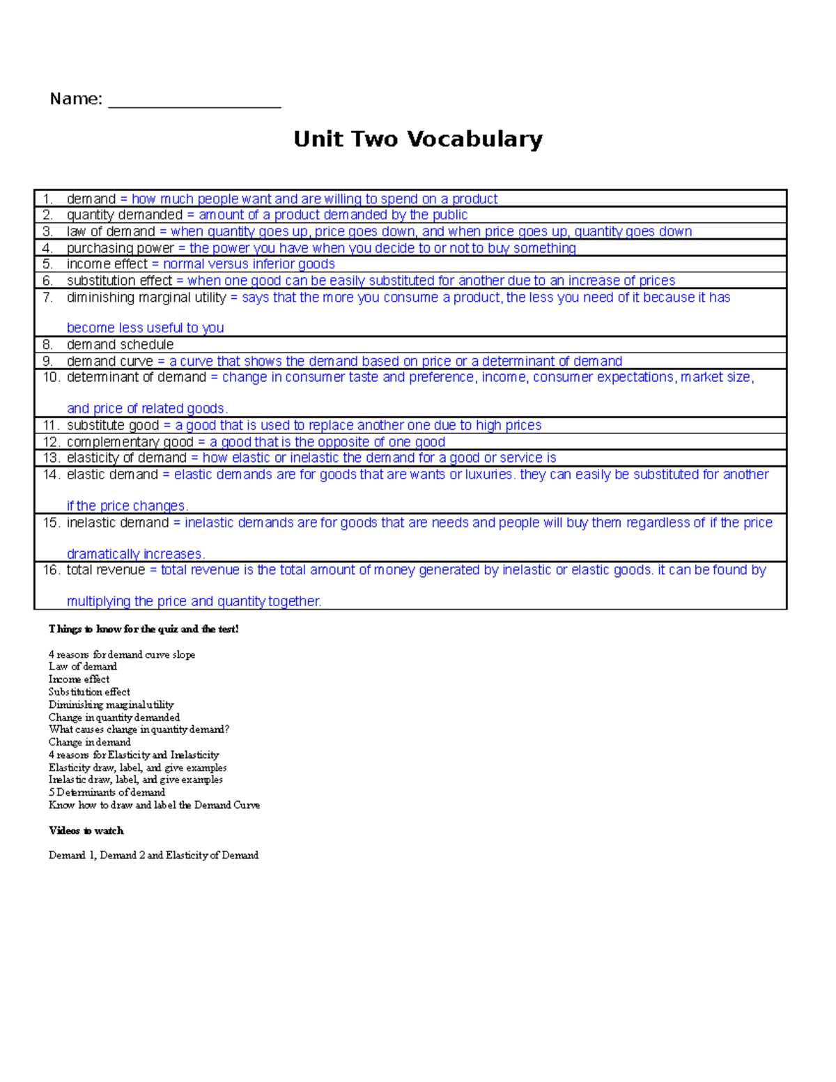 Economics Demand Vocabulary Notes - Name: _____________________ Unit ...