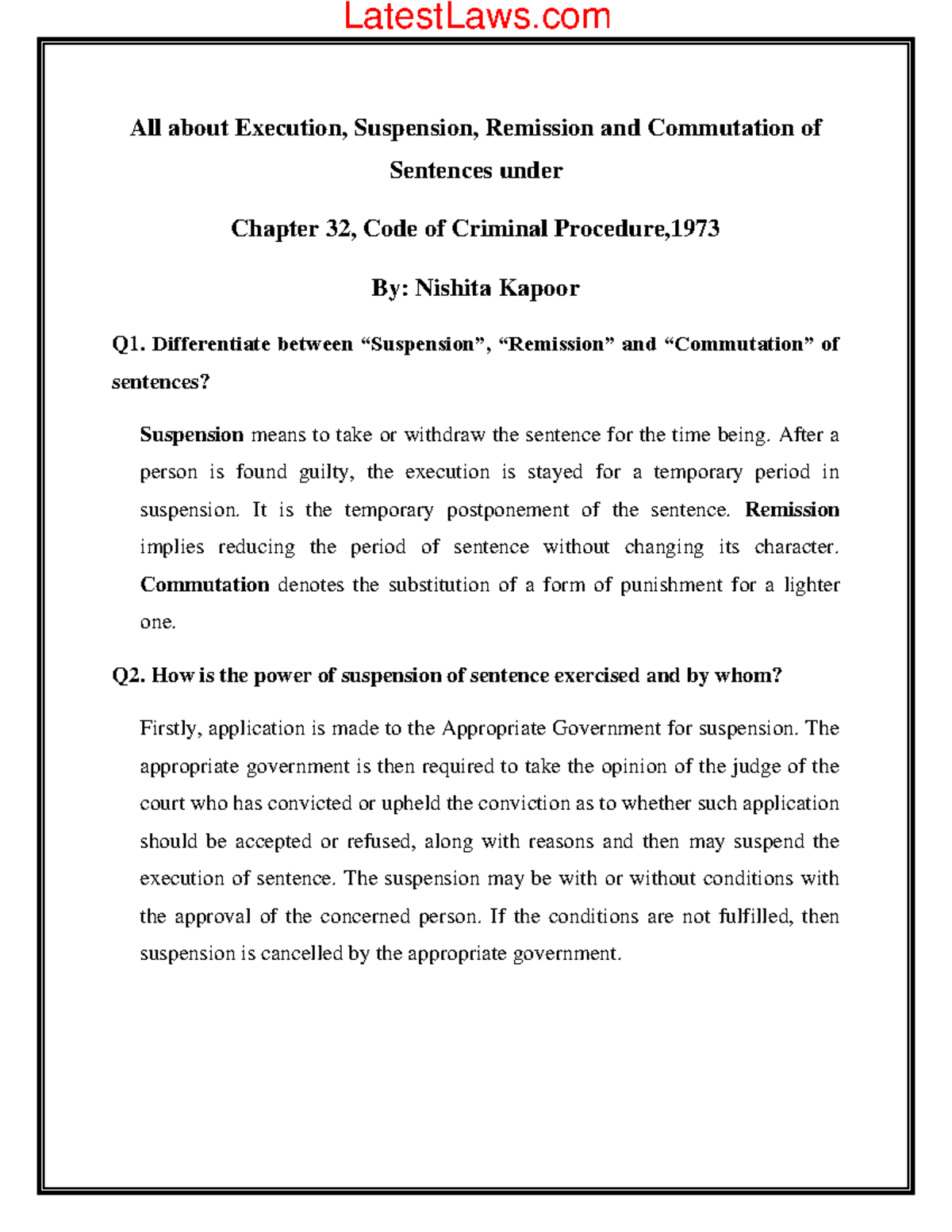 All about Execution Suspension Remission and Commutation of Sentences under Cr PC By Nishita ...