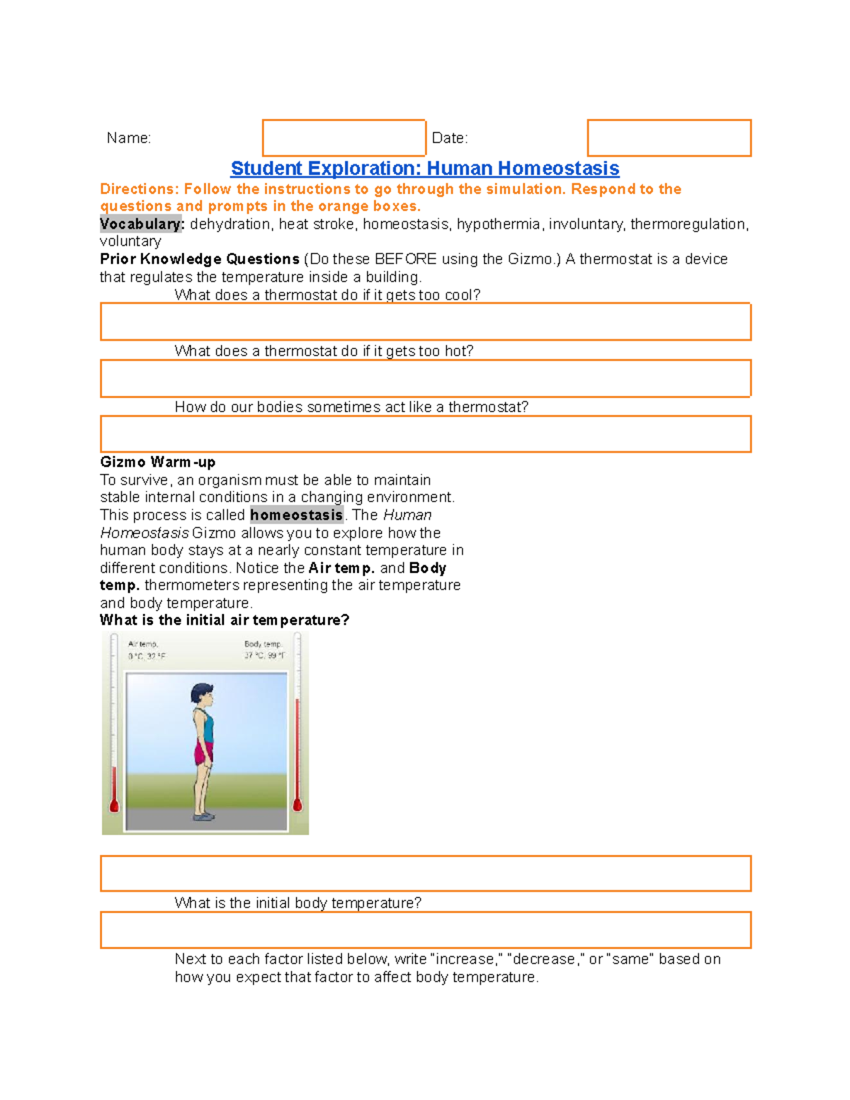 Human Homeostasis Gizmo - Name: Date: Student Exploration: Human ...