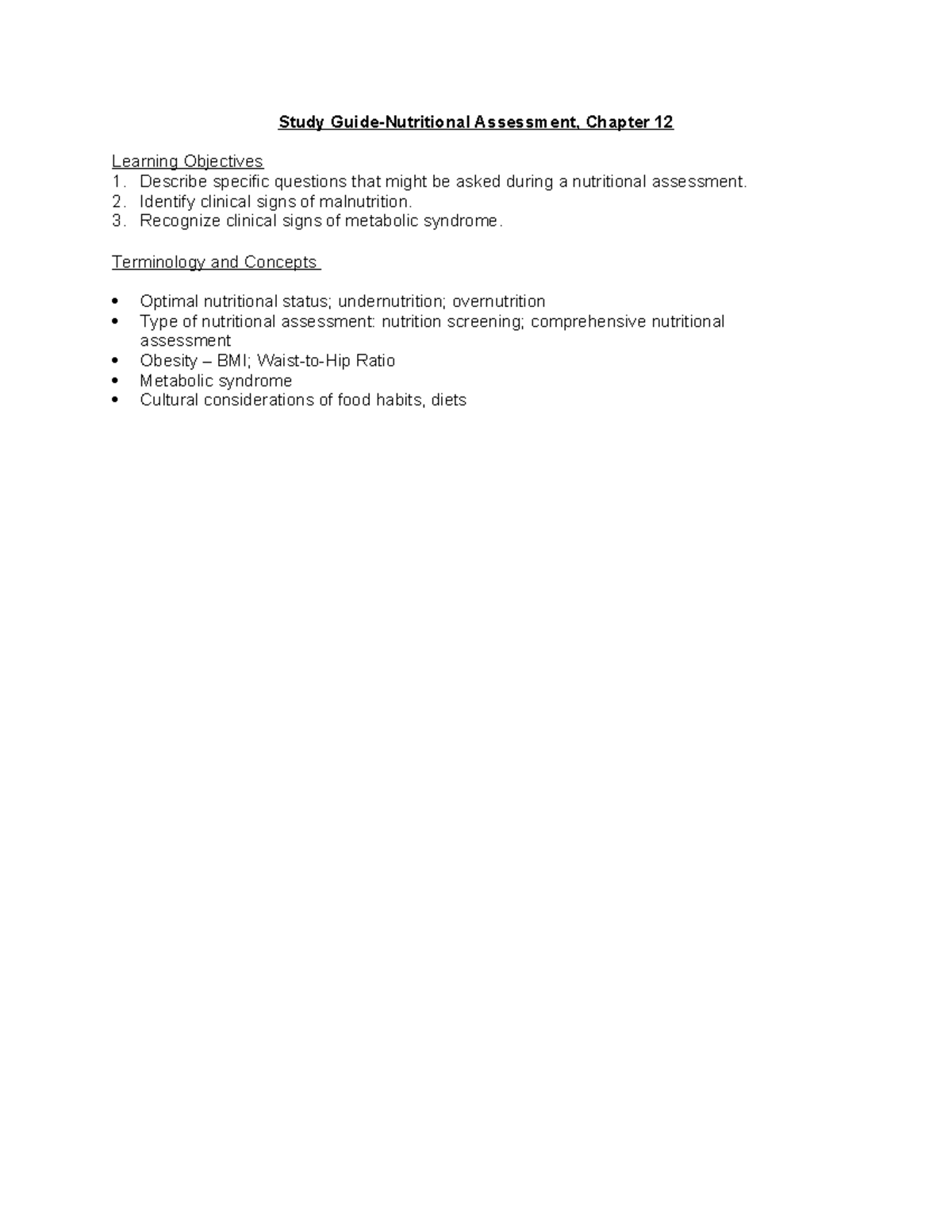 Study Guide Nutrition-1-1 - Study Guide-Nutritional Assessment, Chapter ...