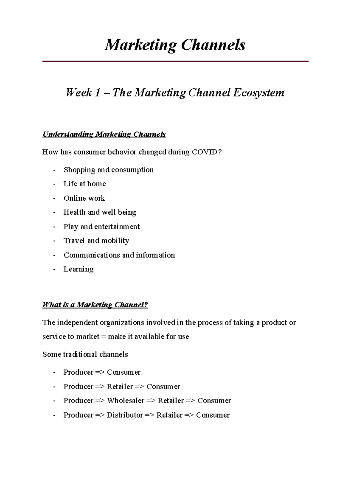 Marketing Channels - lecture notes - Marketing Channels Week 1 – The ...