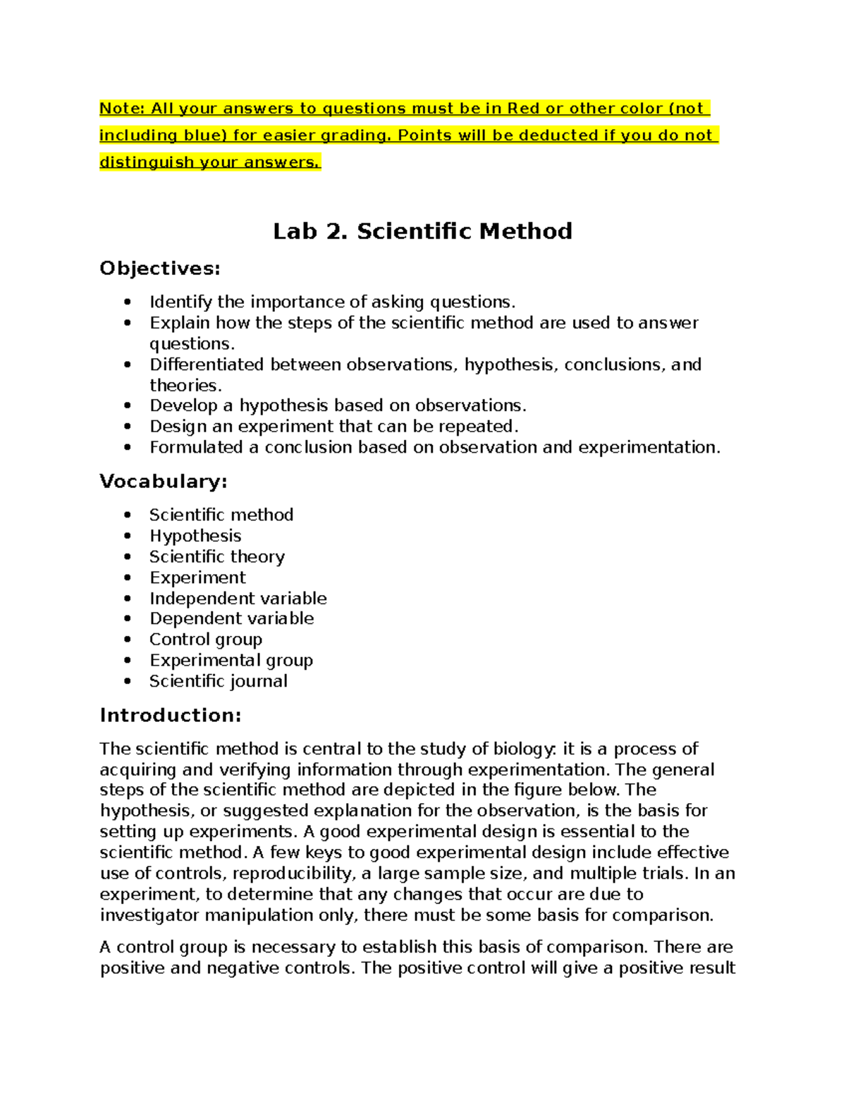 Lab 2. The Scientific Method - Note: All your answers to questions must ...