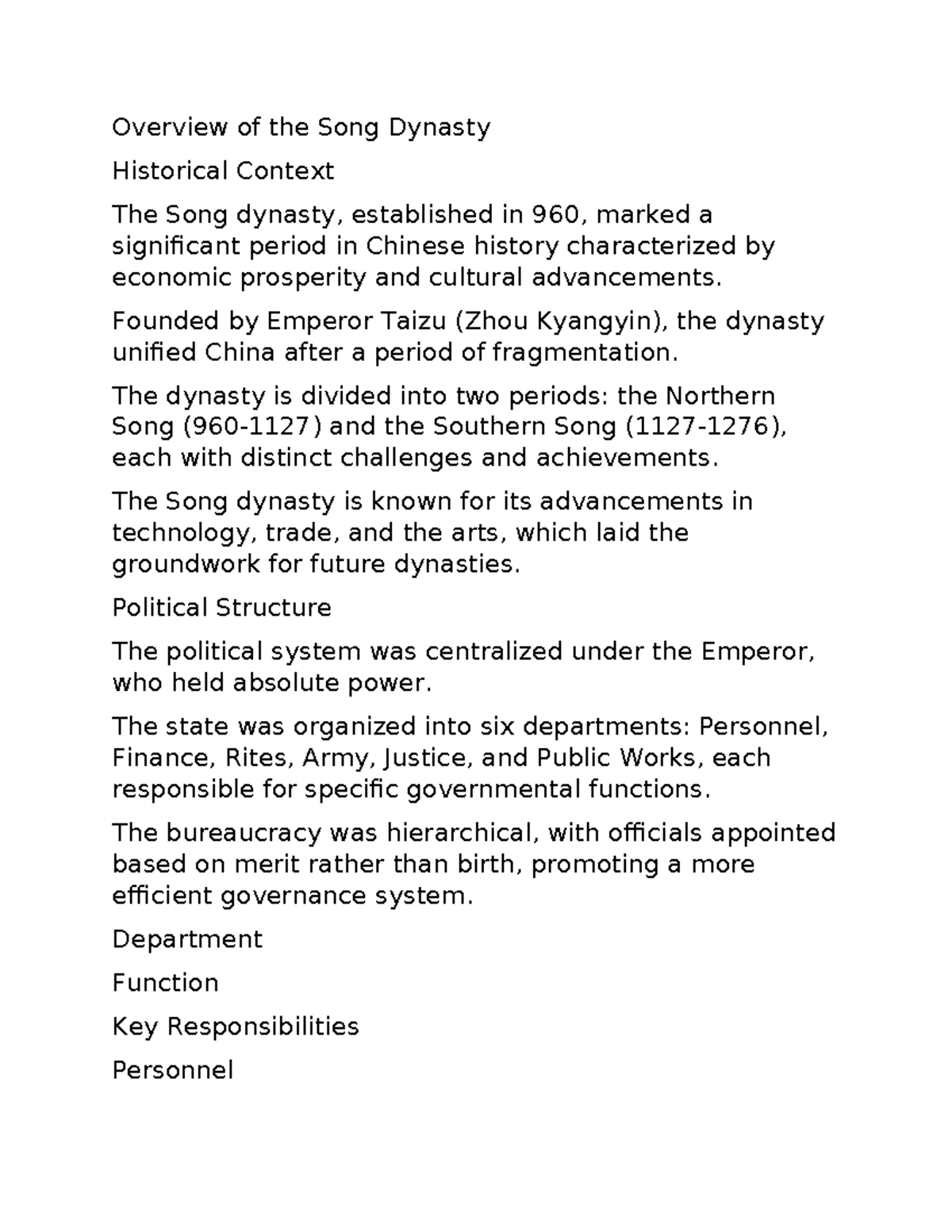 Song Dynsasty Study guide - Overview of the Song Dynasty Historical ...