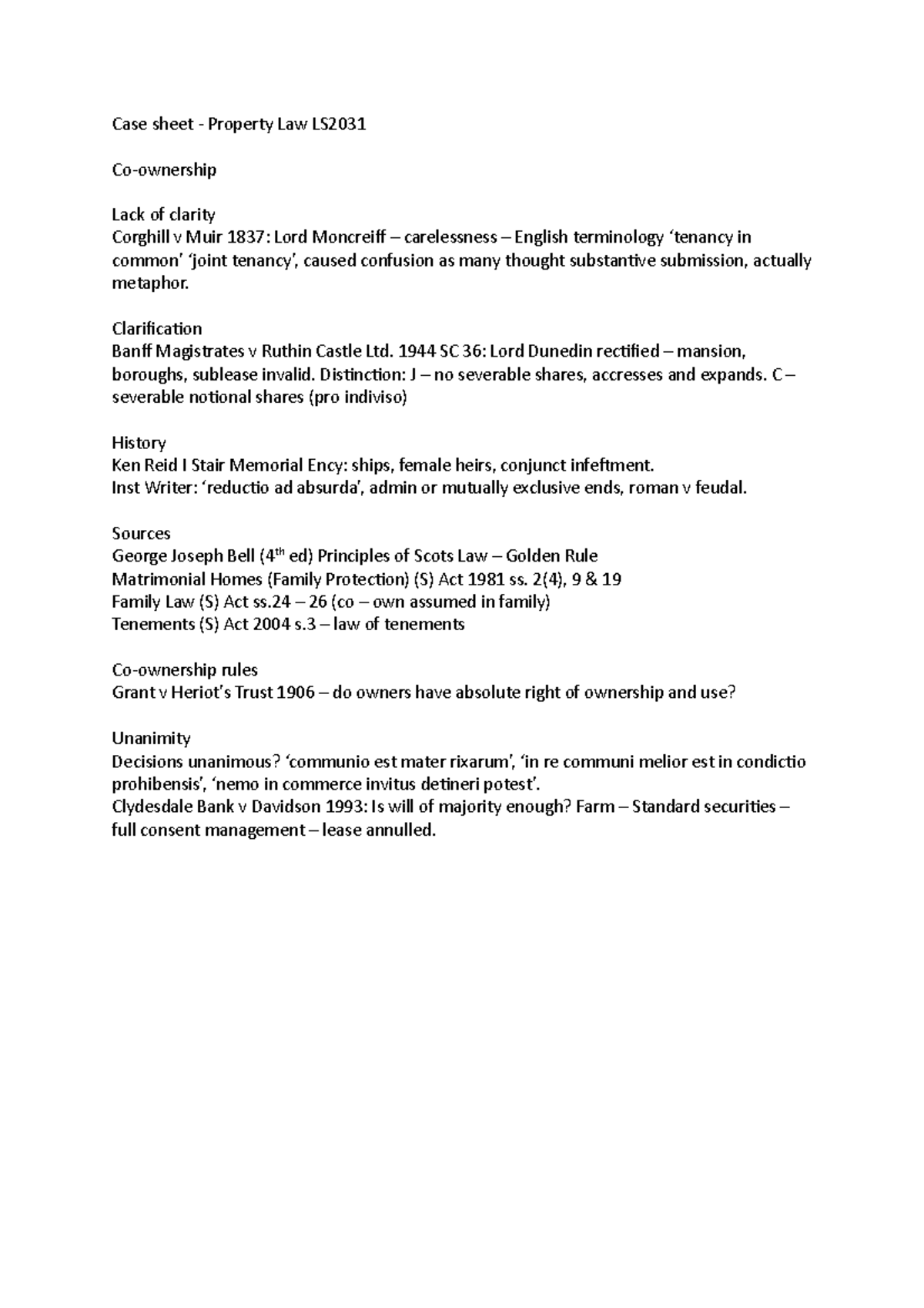 Case sheet - Property Law - Case sheet Property Law LS2031 Lack of ...