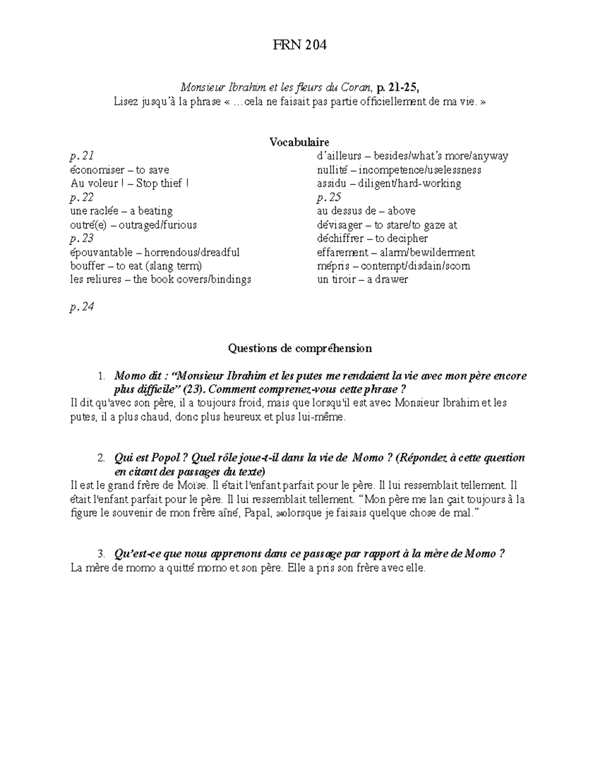 MI p. 21-25 devoirs - french homework - FRN 204 Monsieur Ibrahim et les ...