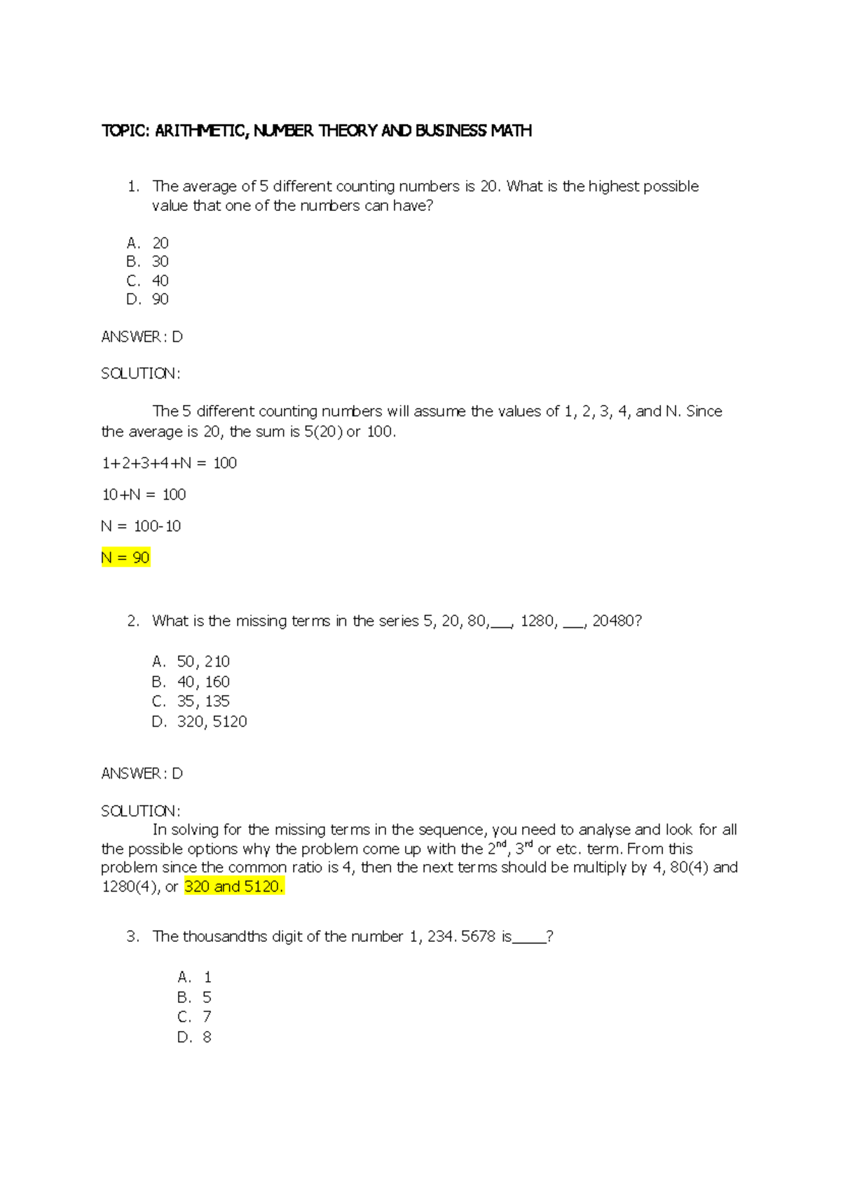 5 Arithmetic, Number Theory AND Business MATH - TOPIC: ARITHMETIC, NUMBER THEORY AND BUSINESS ...