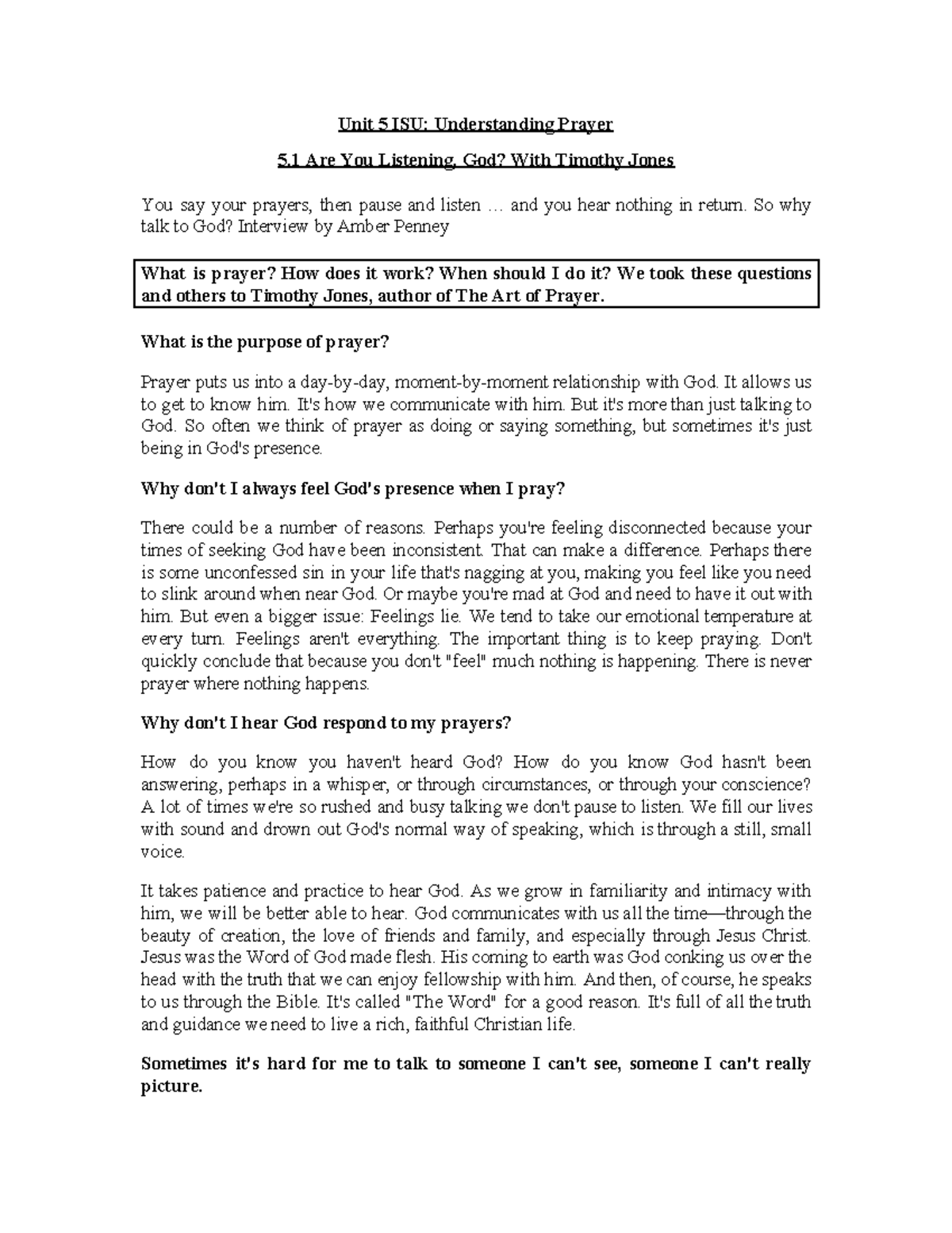 Unit 5 ISU Understanding Prayer 5.1 Are You Listening, God With Timothy ...