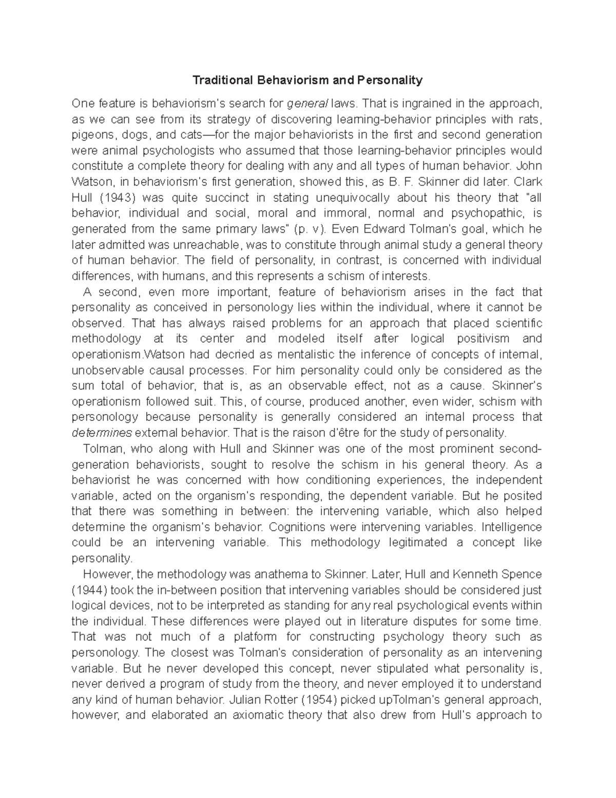 Psychological Behaviorism Theory of Personality - Traditional ...