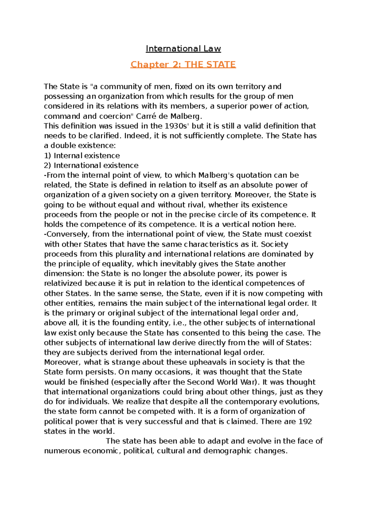 International Law 1 - International Law Chapter 2: THE STATE The State ...