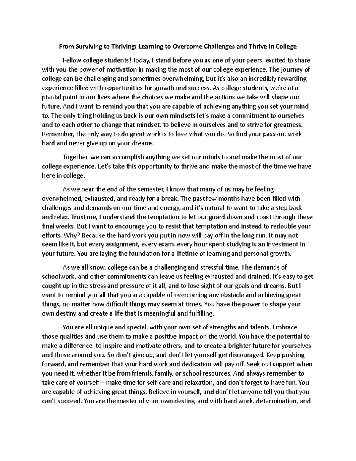 Speech - From Surviving to Thriving: Learning to Overcome Challenges ...