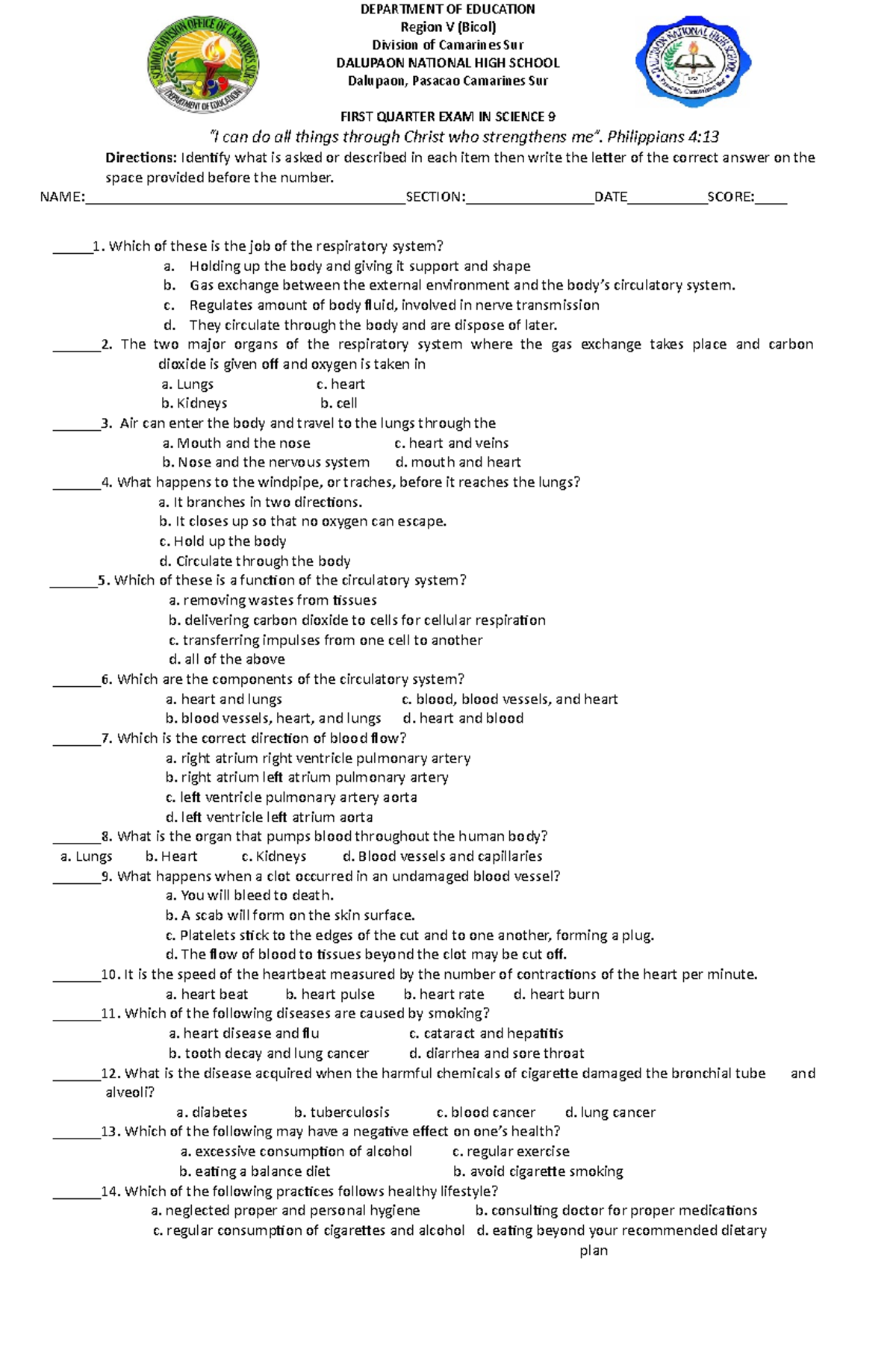 1st Quarter Exam - examination - DEPARTMENT OF EDUCATION Region V ...