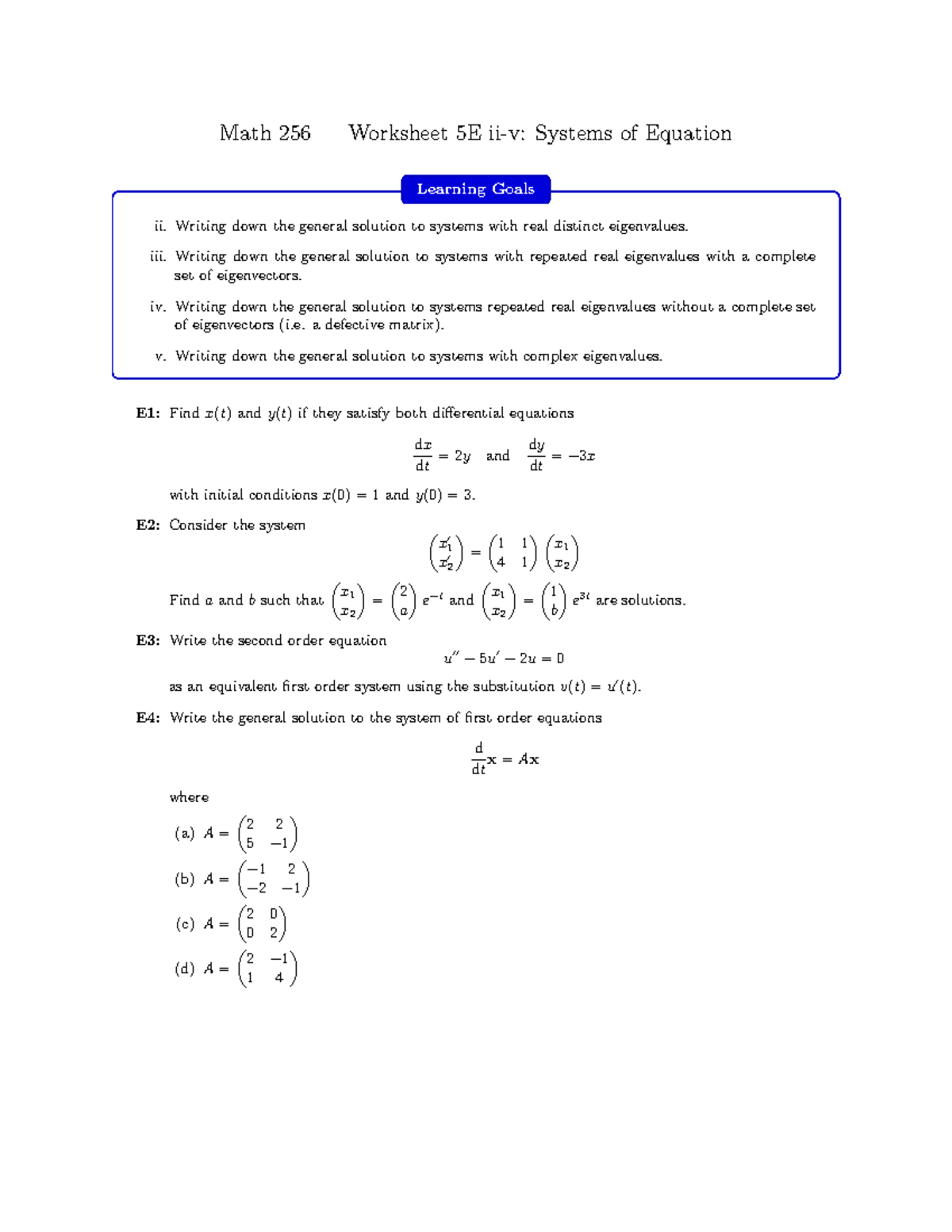Worksheet 5E ii v Systems of differential equations - Math 256 Worksheet 5E ii-v: Systems of ...