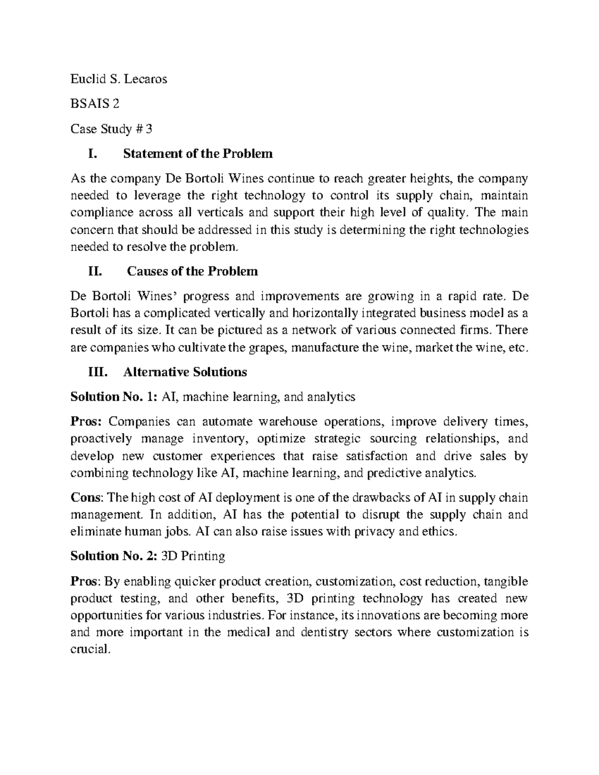 CASE 3 Euclid Lecaros - sadsa - Euclid S. Lecaros BSAIS 2 Case Study ...