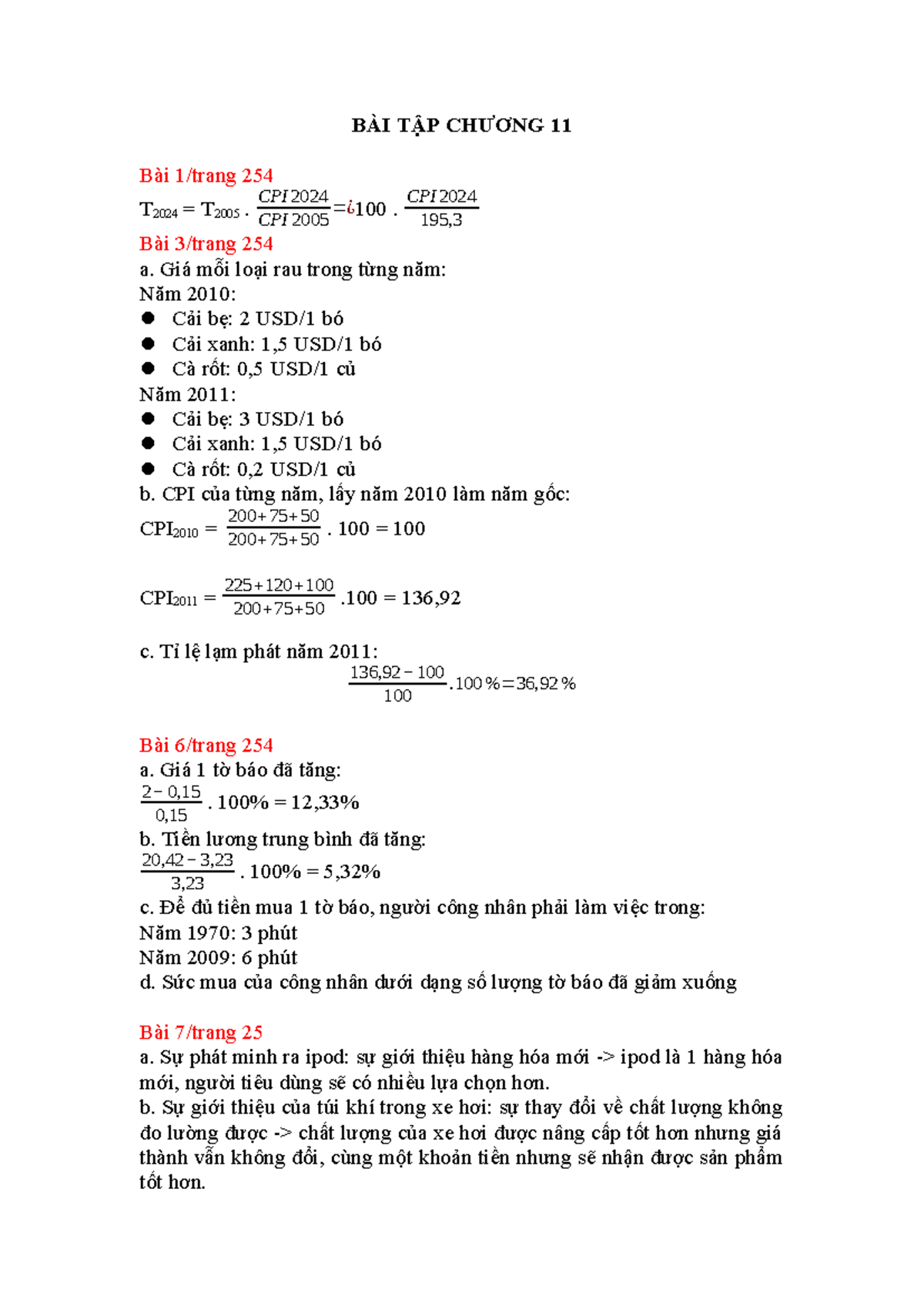 BT KINH TẾ VĨ MÔ CHƯƠNG 11 + 12 - BÀI TẬP CHƯƠNG 11 Bài 1/trang 254 T 2024 = T 2005. CPI 2024 ...