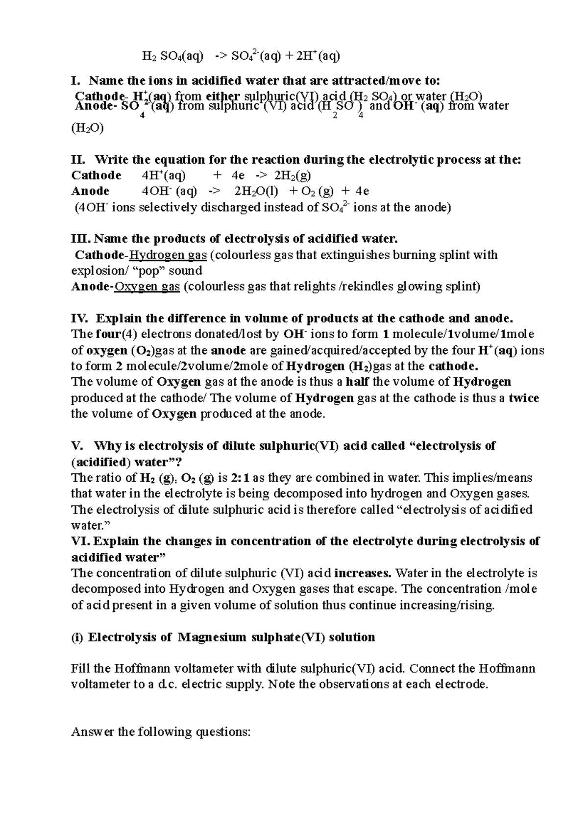 Chemistry notes part-29 - H 2 SO 4 (aq) -> SO42-(aq) + 2H+(aq) I. Name ...