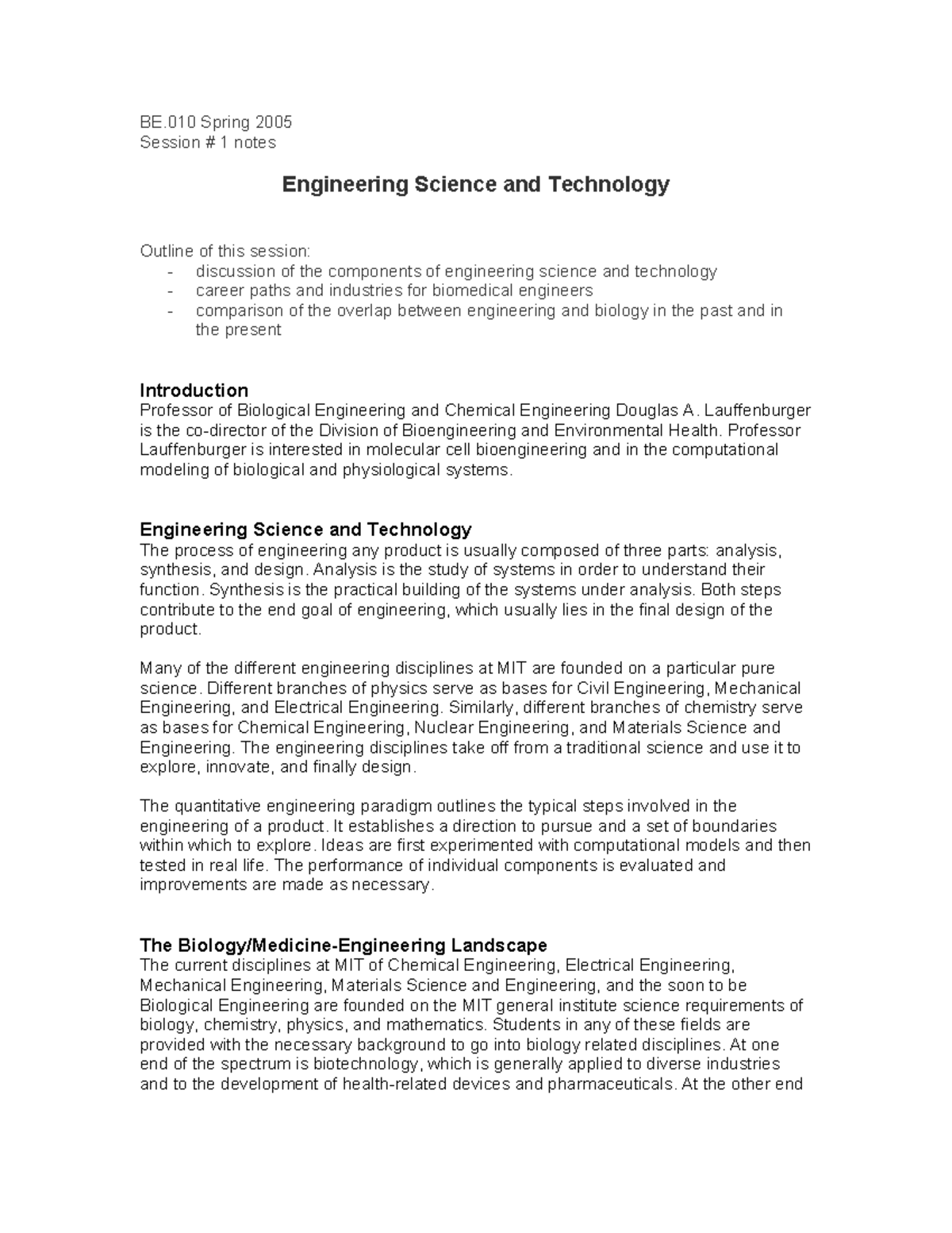 Bioengineering Science Lecture Notes Be Spring 2005 Session 1 Notes Engineering Science And