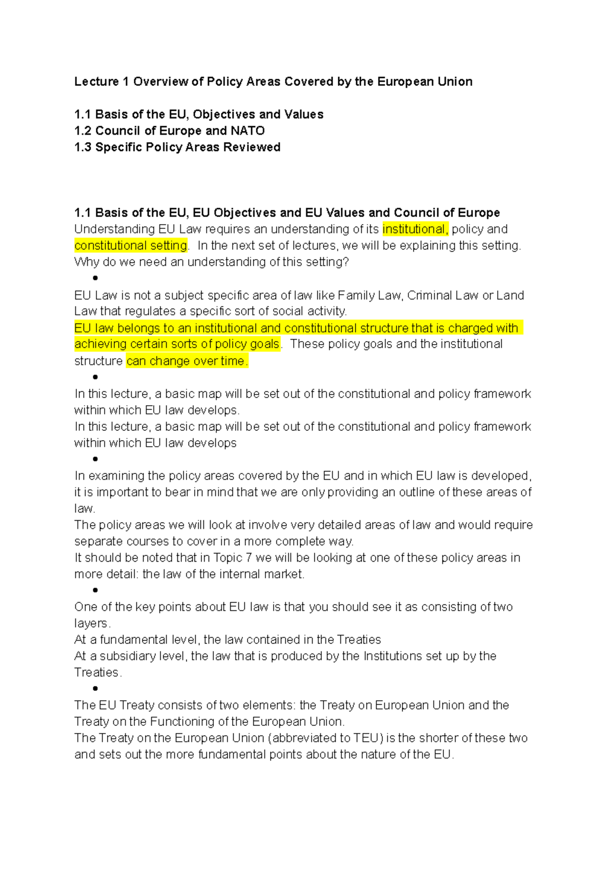 Lecture 1 - notes - Lecture 1 Overview of Policy Areas Covered by the ...