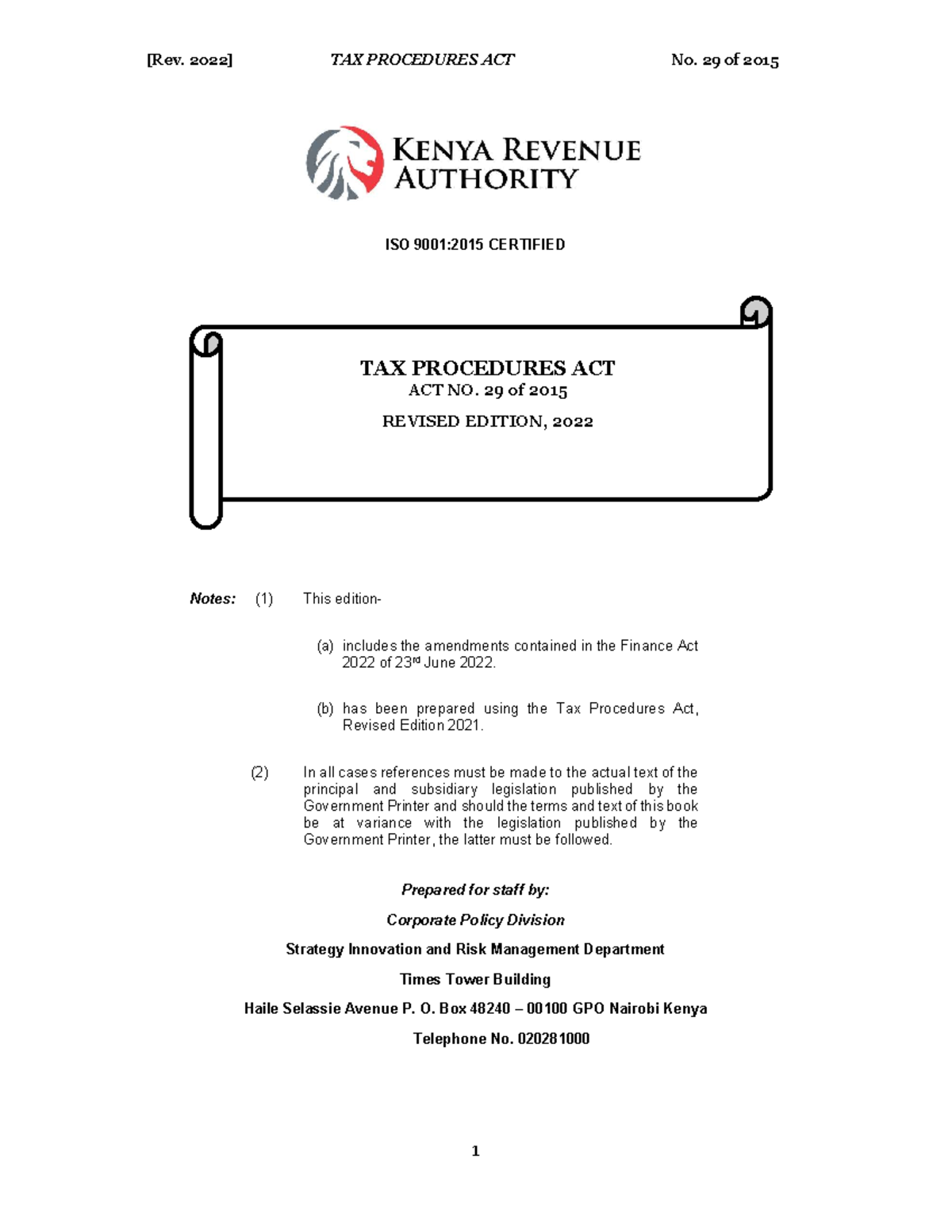 Tax Procedures Act 2015 Revised 2022 - ISO 9001:2015 CERTIFIED Notes ...
