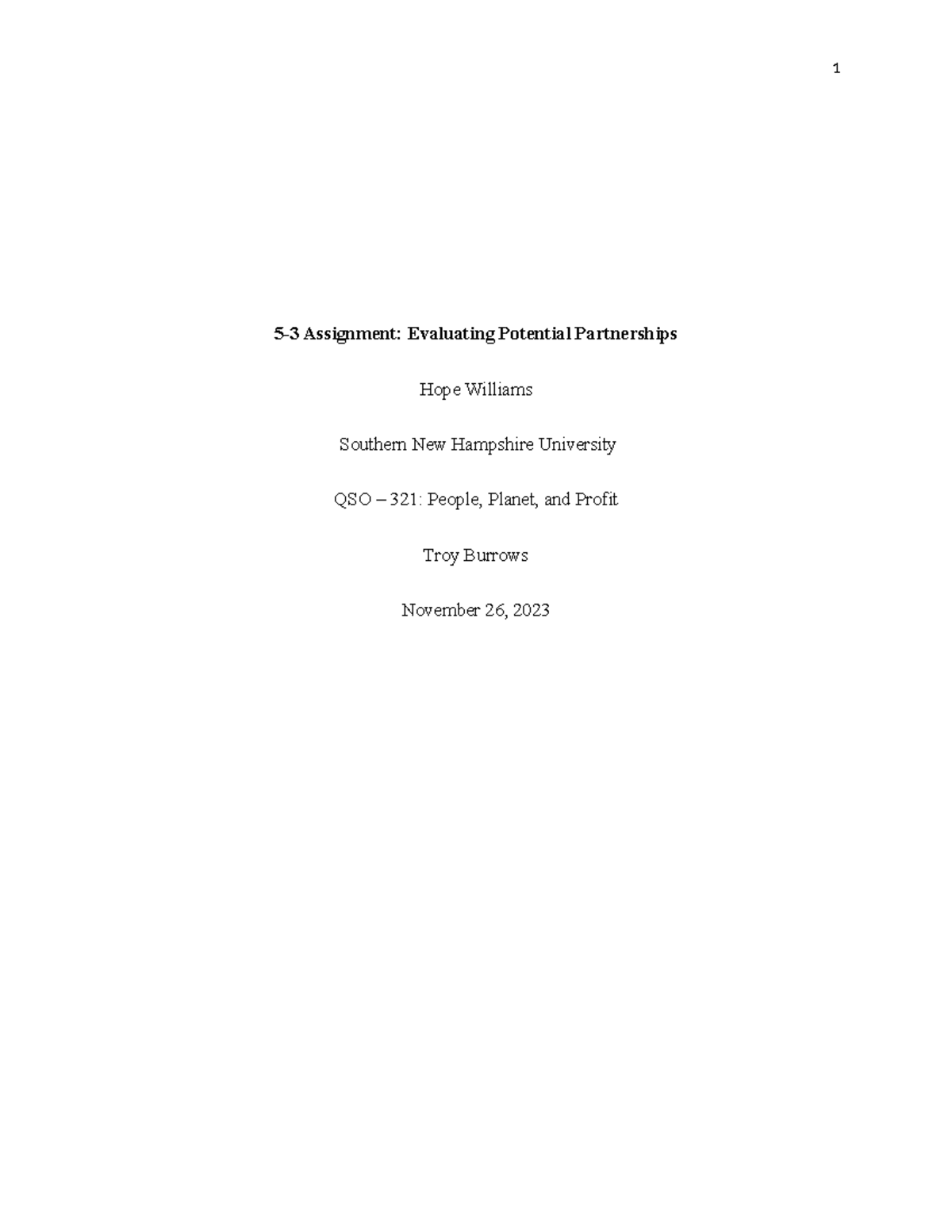 QSO 321 Module 5 Assignment - 5-3 Assignment: Evaluating Potential Partnerships Hope Williams ...