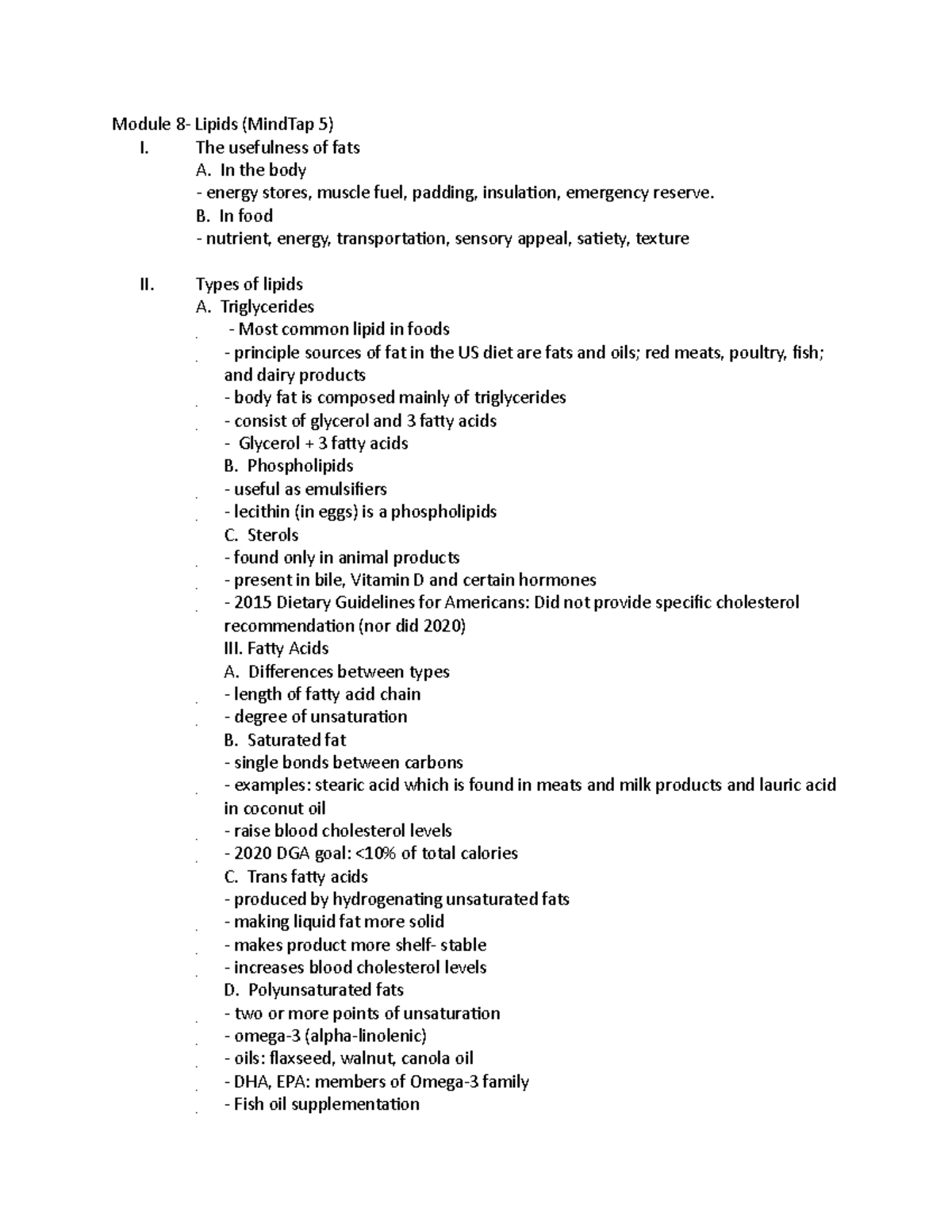 Module 8- Lipids - notes - Module 8- Lipids (MindTap 5) I. The ...
