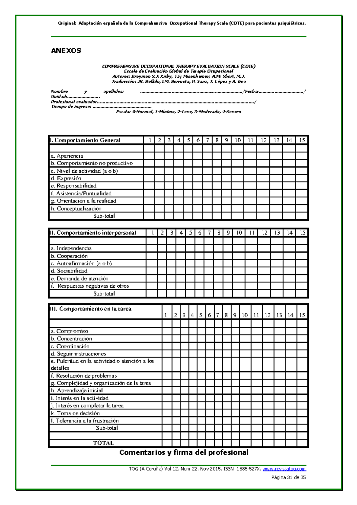 Evaluacion COTE - Original: Adaptación española de la Comprehensive ...