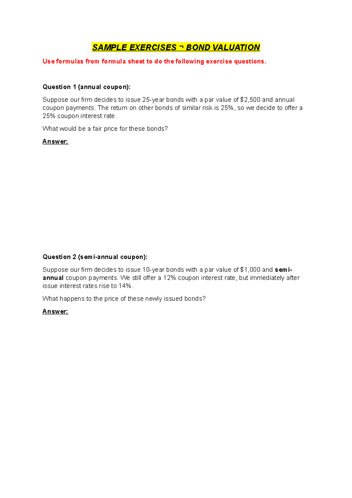 2 Sample Exercises OF BOND Valuation - SAMPLE EXERCISES ¬ BOND ...