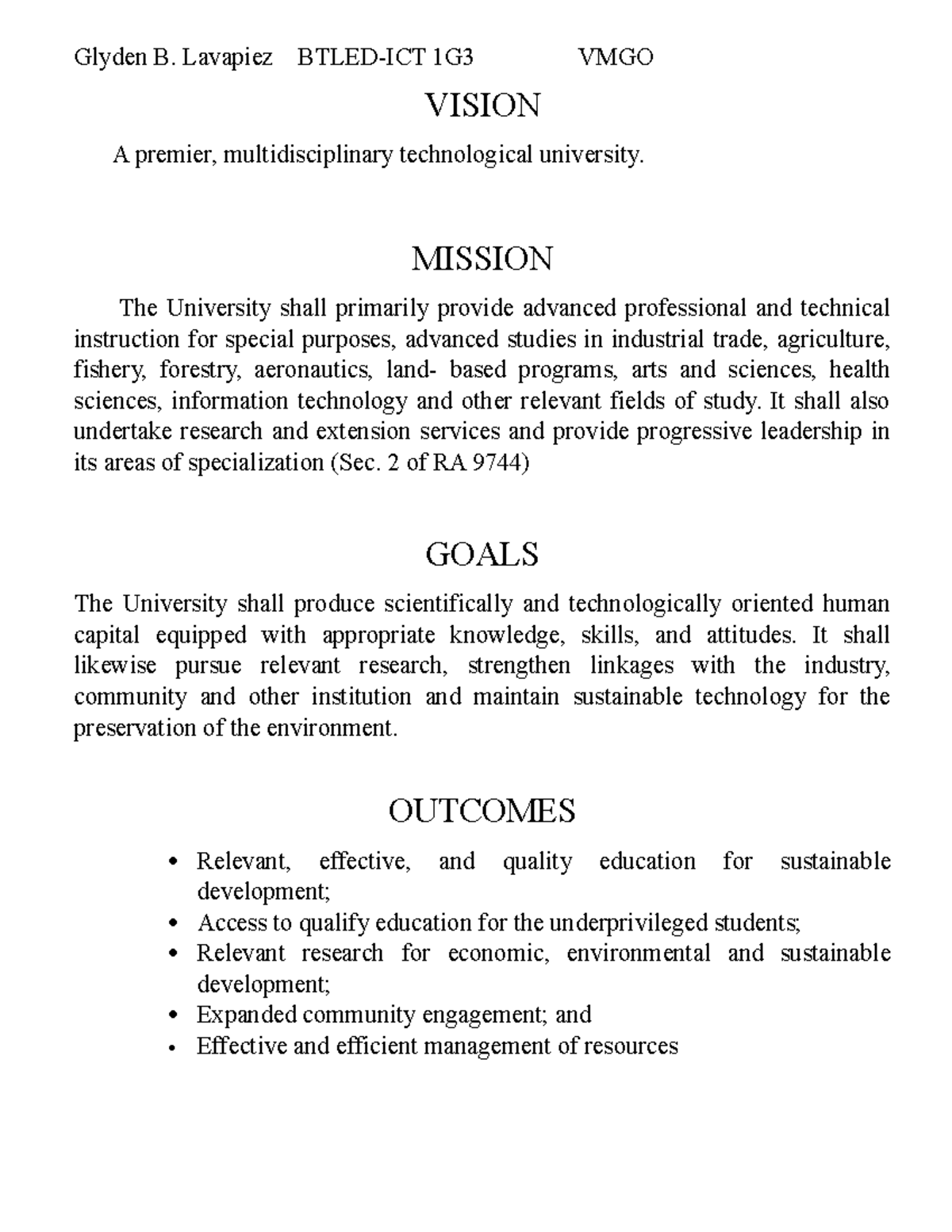 Glyden B. Lavapiez(VMGO) - Glyden B. Lavapiez BTLED-ICT 1G3 VMGO VISION ...