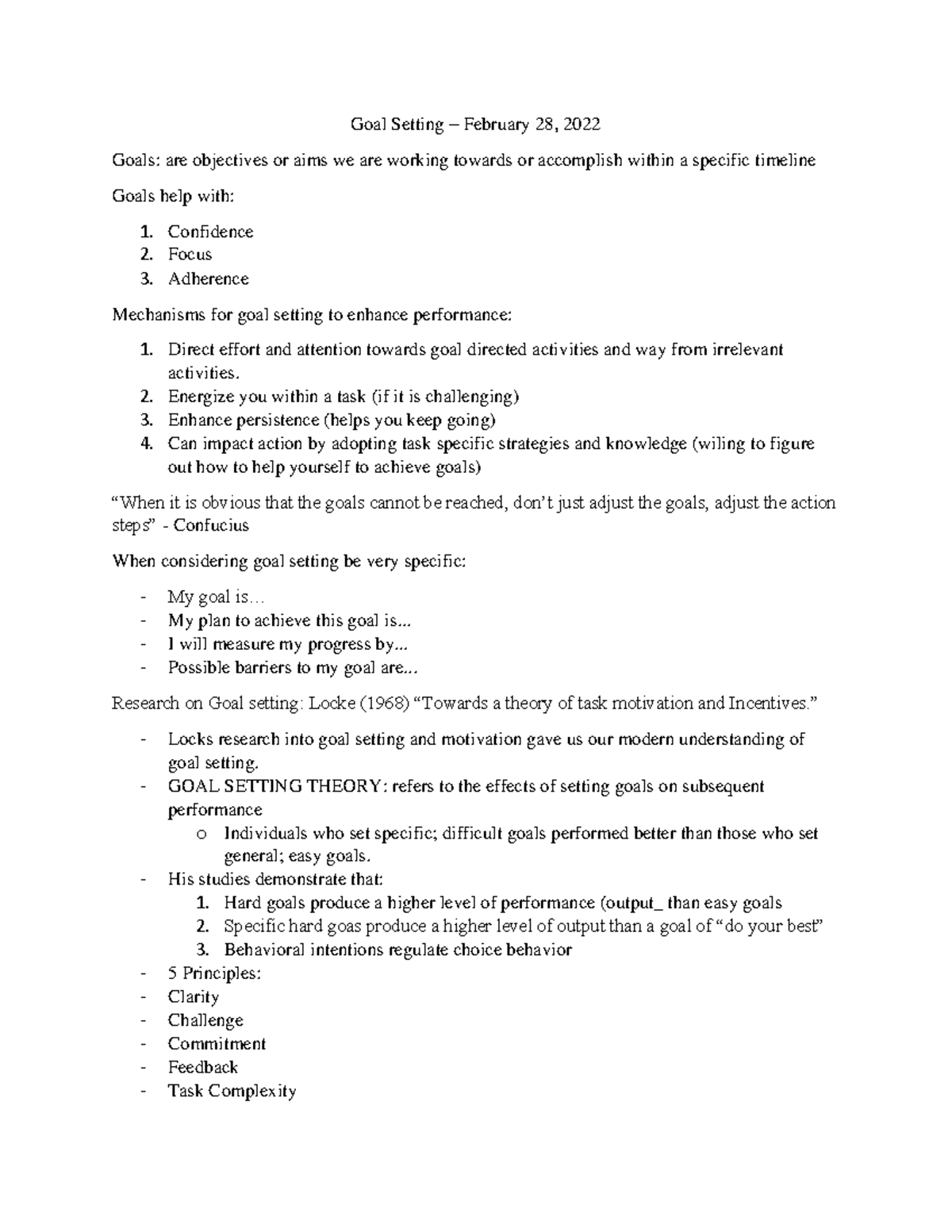 Goal setting lecture notes in kp181 - Goal Setting – February 28, 2022 ...
