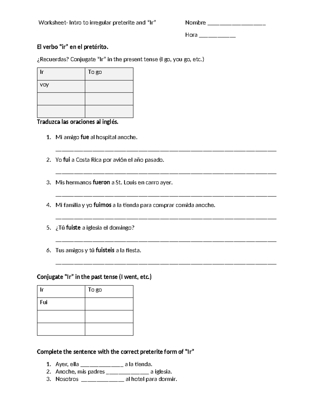 Copy of Worksheet-intro to preterite of ir - Worksheet- Intro to ...