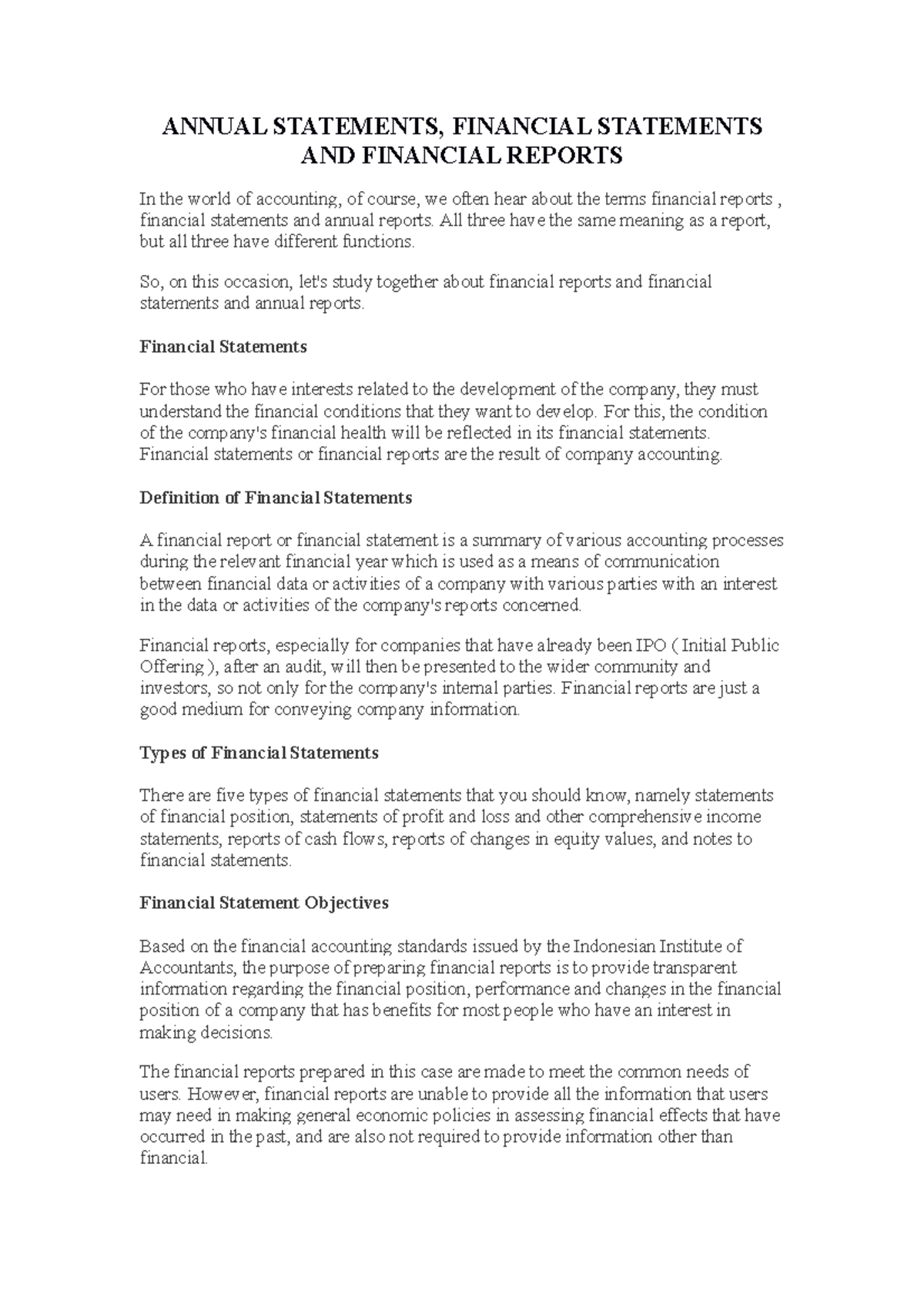 Annual Statement, Financial Statement AND Financial Report - ANNUAL ...