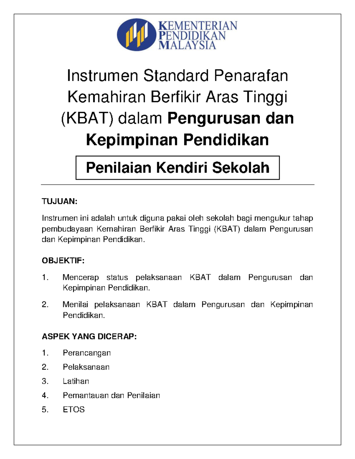 Instrumen penilaian kendiri kbat - Instrumen Standard Penarafan ...