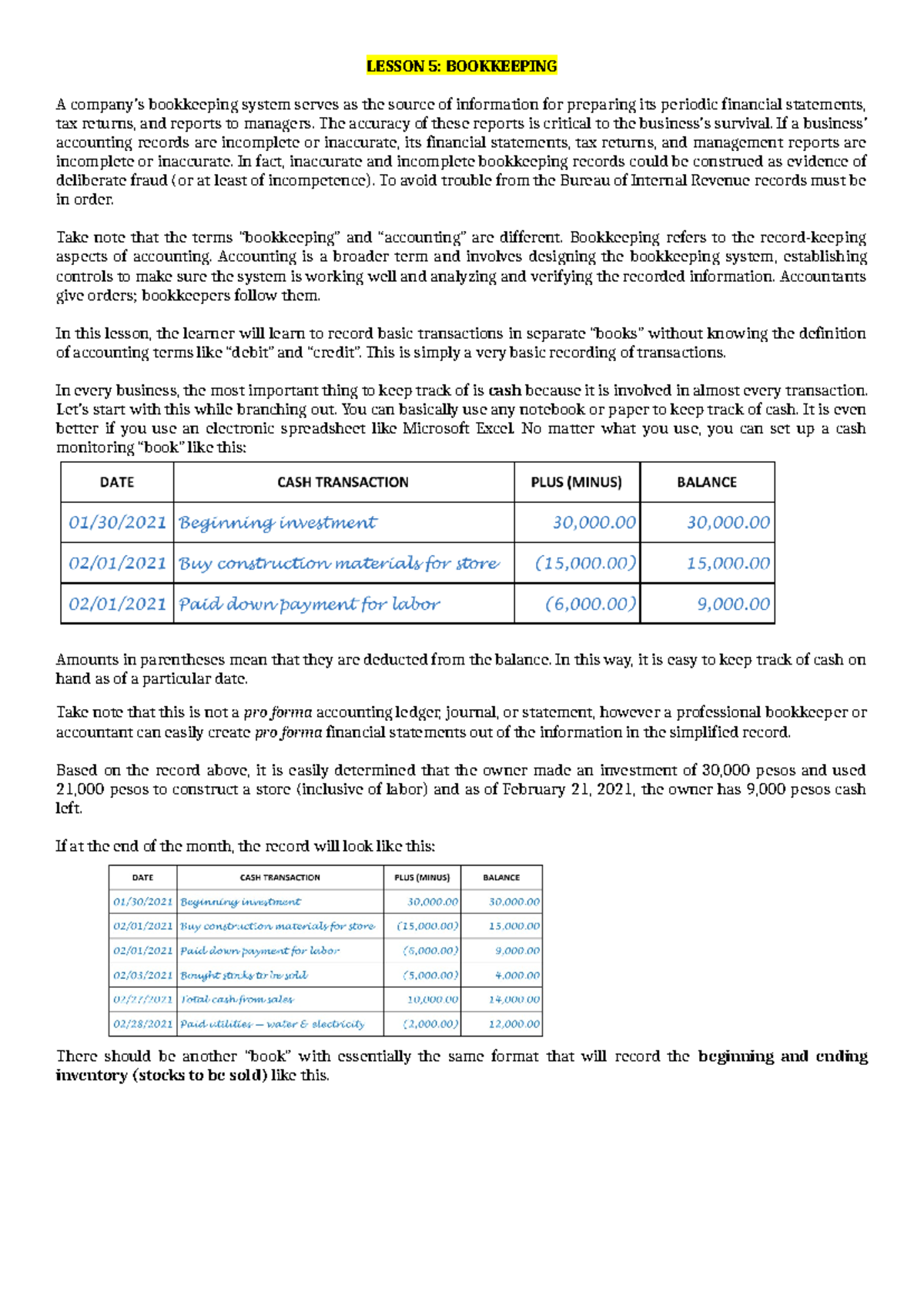 Entrep Lesson-5 - LESSON 5: BOOKKEEPING A company’s bookkeeping system ...