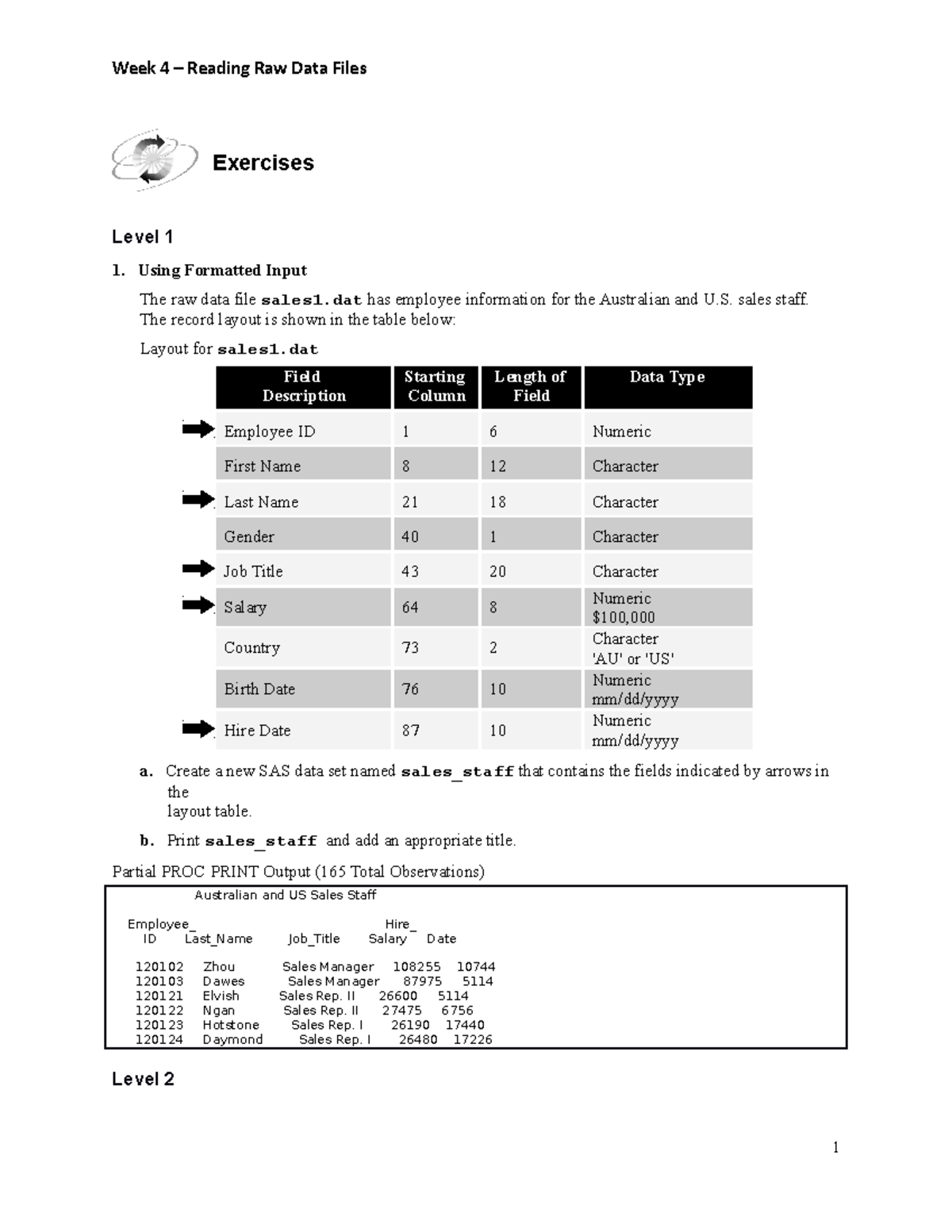 Reading Raw Data Exercise Exercises Level 1 Using Formatted Input
