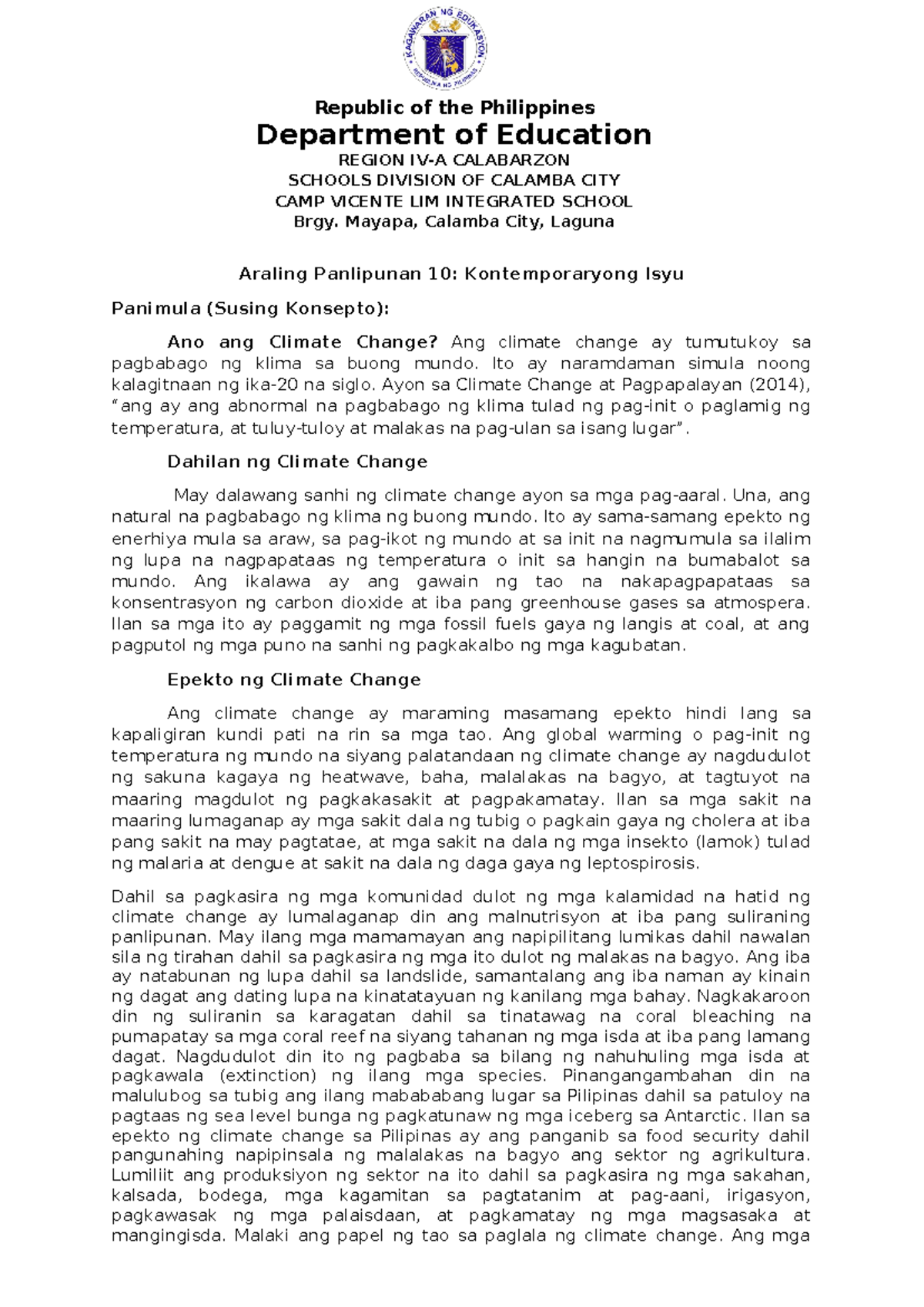 AP10 Q1 Climate- Change - Araling Panlipunan 10: Kontemporaryong Isyu ...