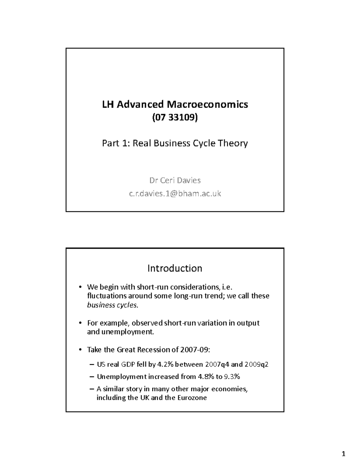 1 RBC slides - LH Advanced Macroeconomics (07 33109) Part 1: Real ...